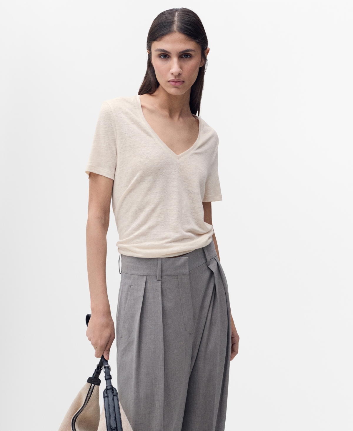 Click here for Mango Womens V-Neck Linen T-Shirt - Ecru prices