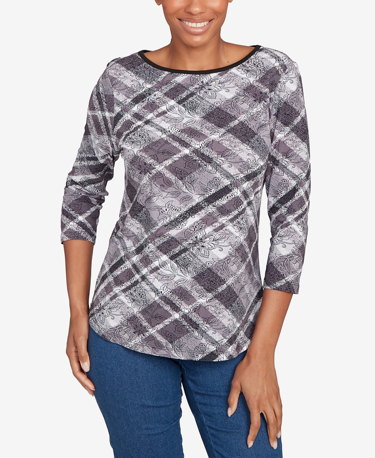Click here for Ruby Rd. Petite Solid Tipped Plaid Knit Top - Gray... prices