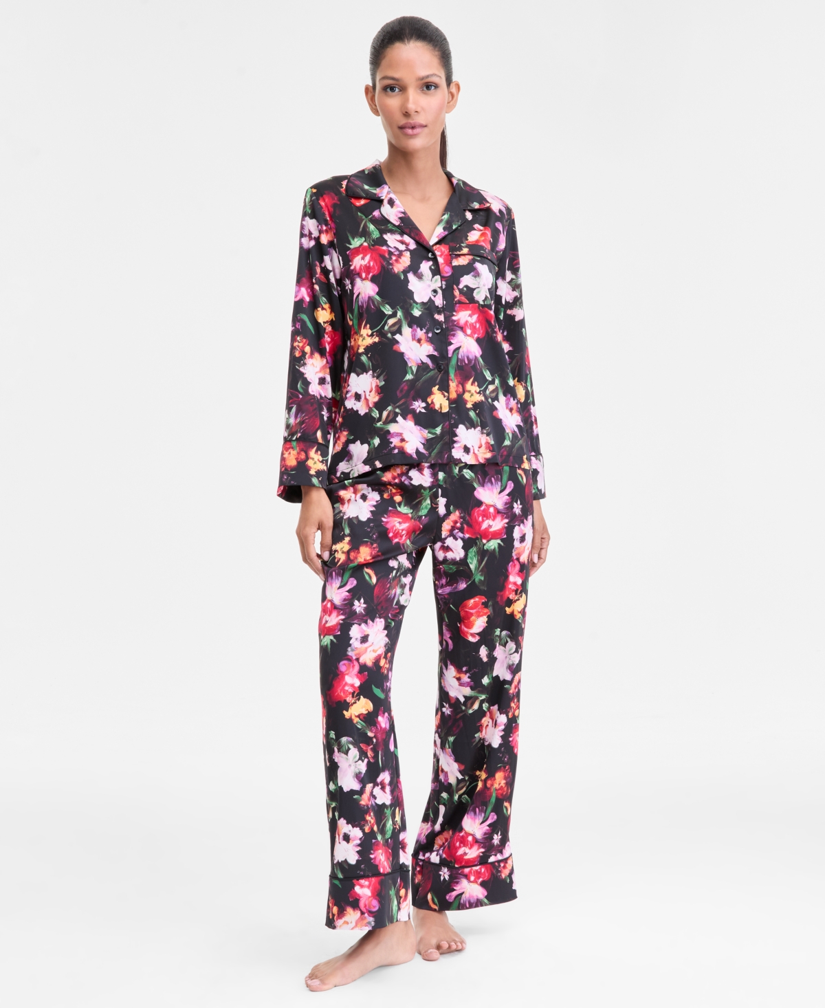 I.n.c. International Concepts Womens Printed Satin Long Pajama Set  Macys Exclusive - Arana Bouquet