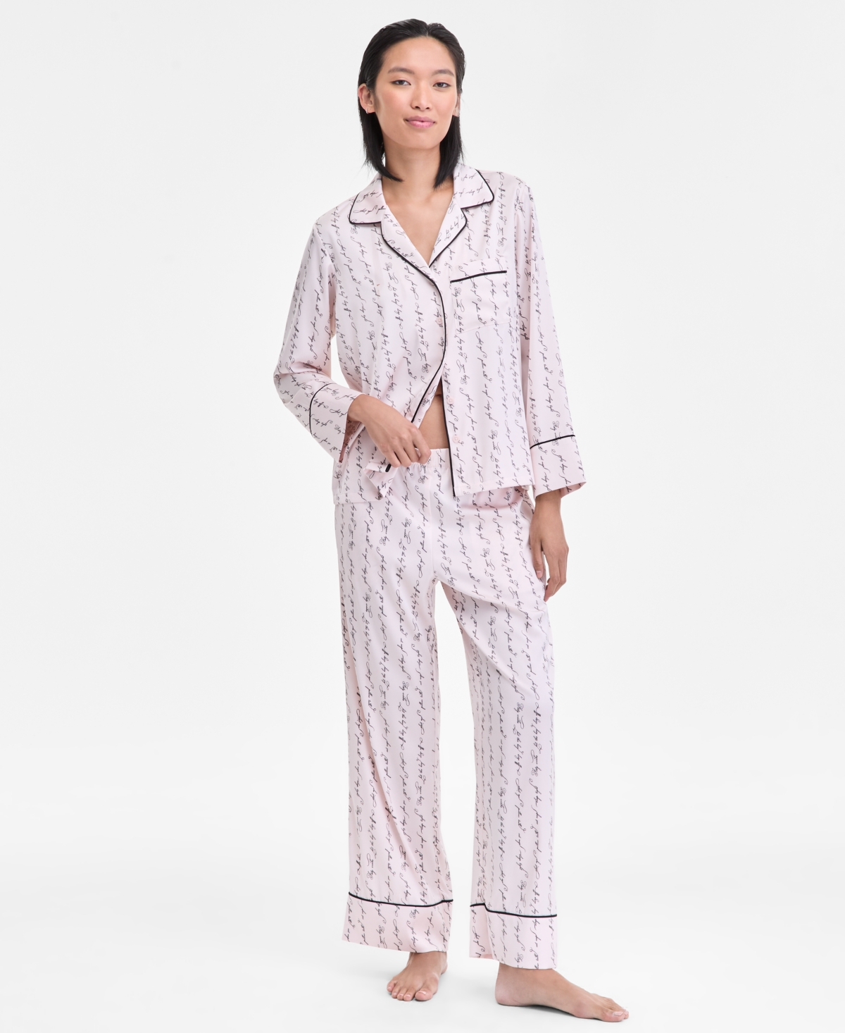 I.n.c. International Concepts Womens Printed Satin Long Pajama Set  Macys Exclusive - Zoie Script