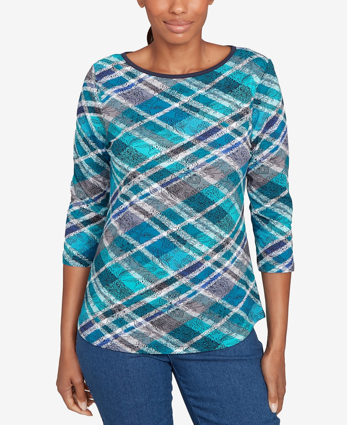 Click here for Ruby Rd. Petite Solid Tipped Plaid Knit Top - Teal... prices