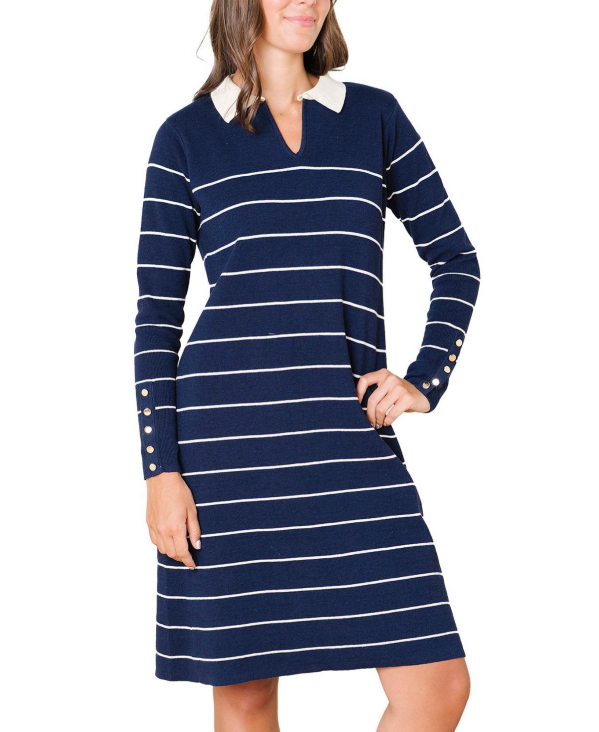 Hope & Henry Womens Organic Long Sleeve Collared Sweater Dress - Navy breton stripe