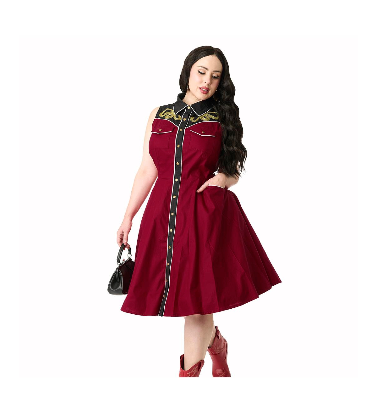 Click here for Unique VintagePlus Size Western Flare Dress - Burg... prices