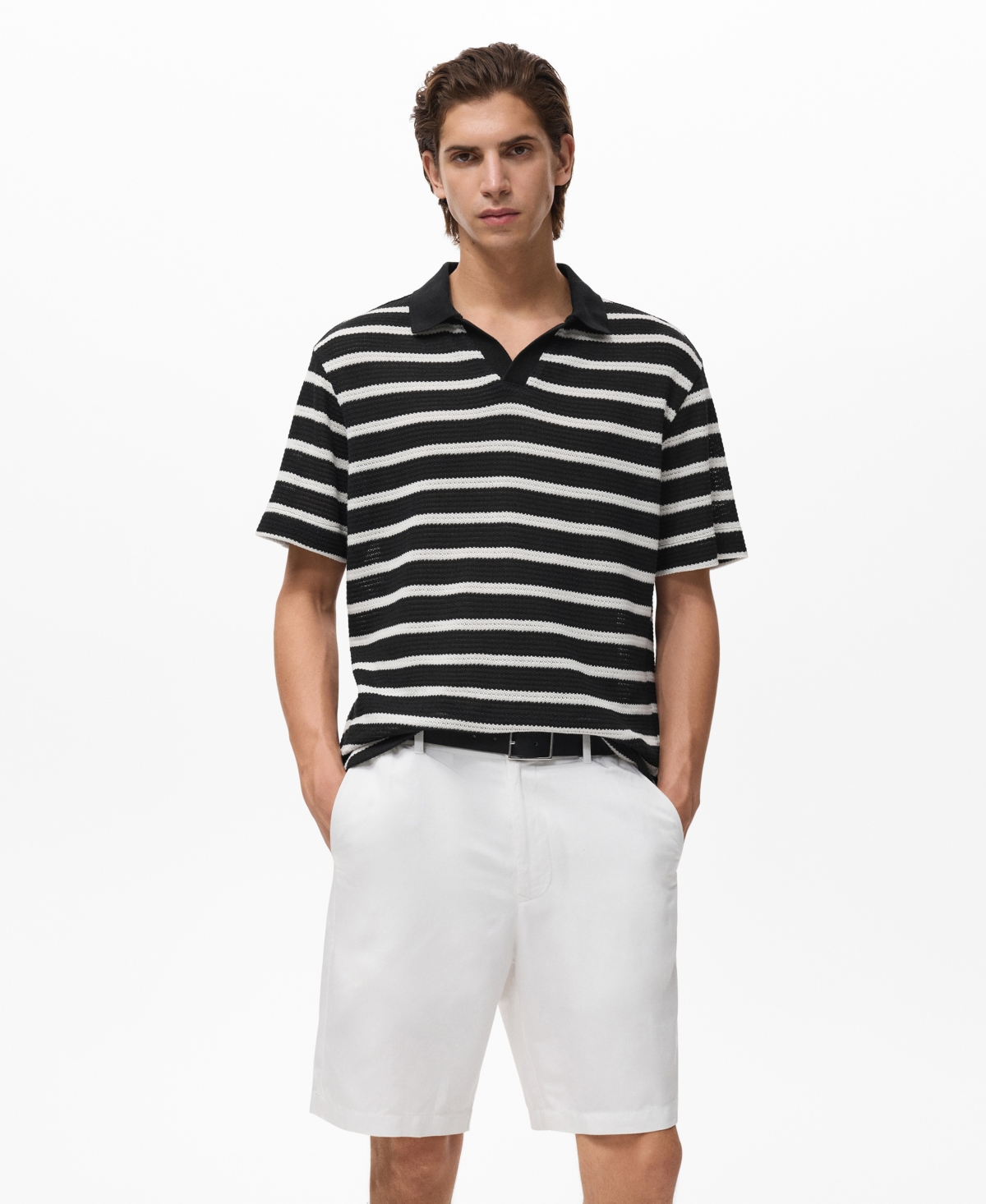 Click here for Mango Mens Striped Braided-Knit Polo Shirt - Black prices