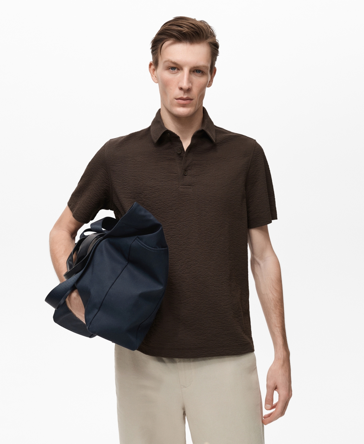 Click here for Mango Mens Seersucker Cotton Polo Shirt - Chocolat... prices