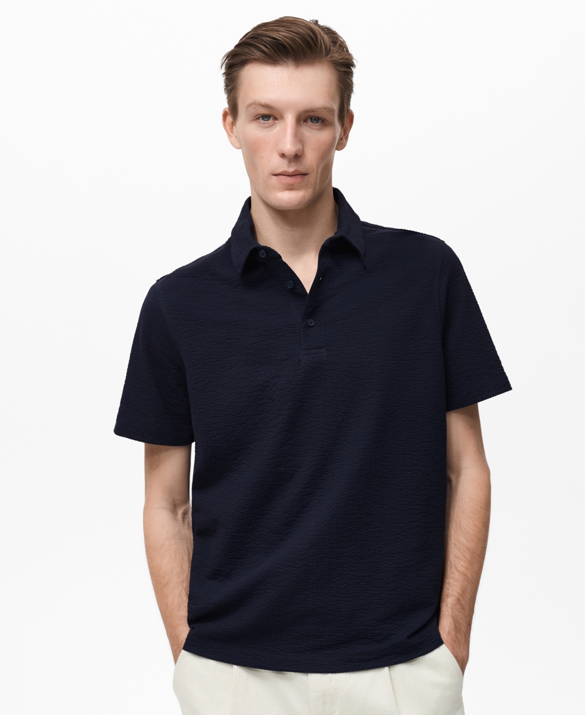 Click here for Mango Mens Seersucker Cotton Polo Shirt - Dark Nav... prices