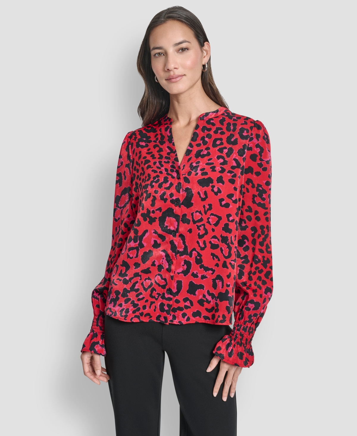 Dkny Womens Long-Sleeve Split-Neck Top - Crimson Leopard