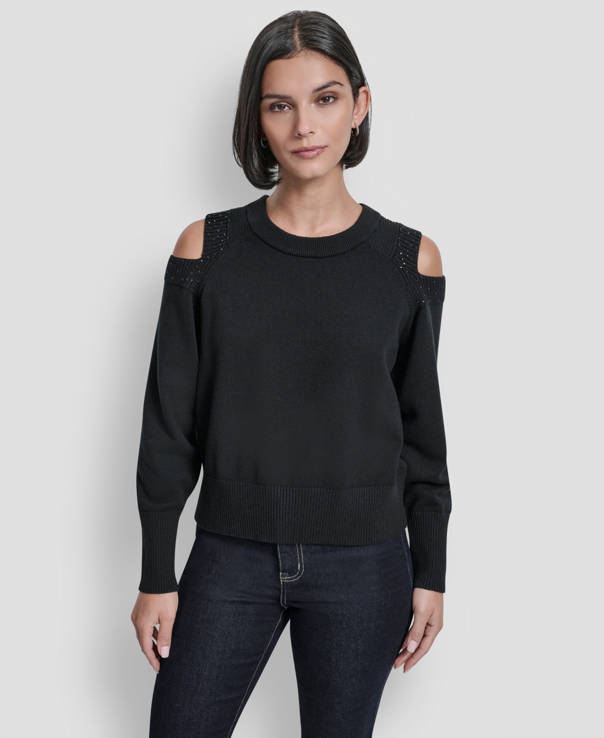 Dkny Womens Long Sleeve Shoulder Cutout Sweater - Black