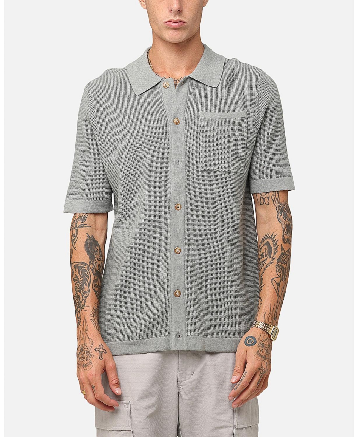 Click here for Xxiii Mens Zyair Knit Rib Button Up Shirt - Grey prices