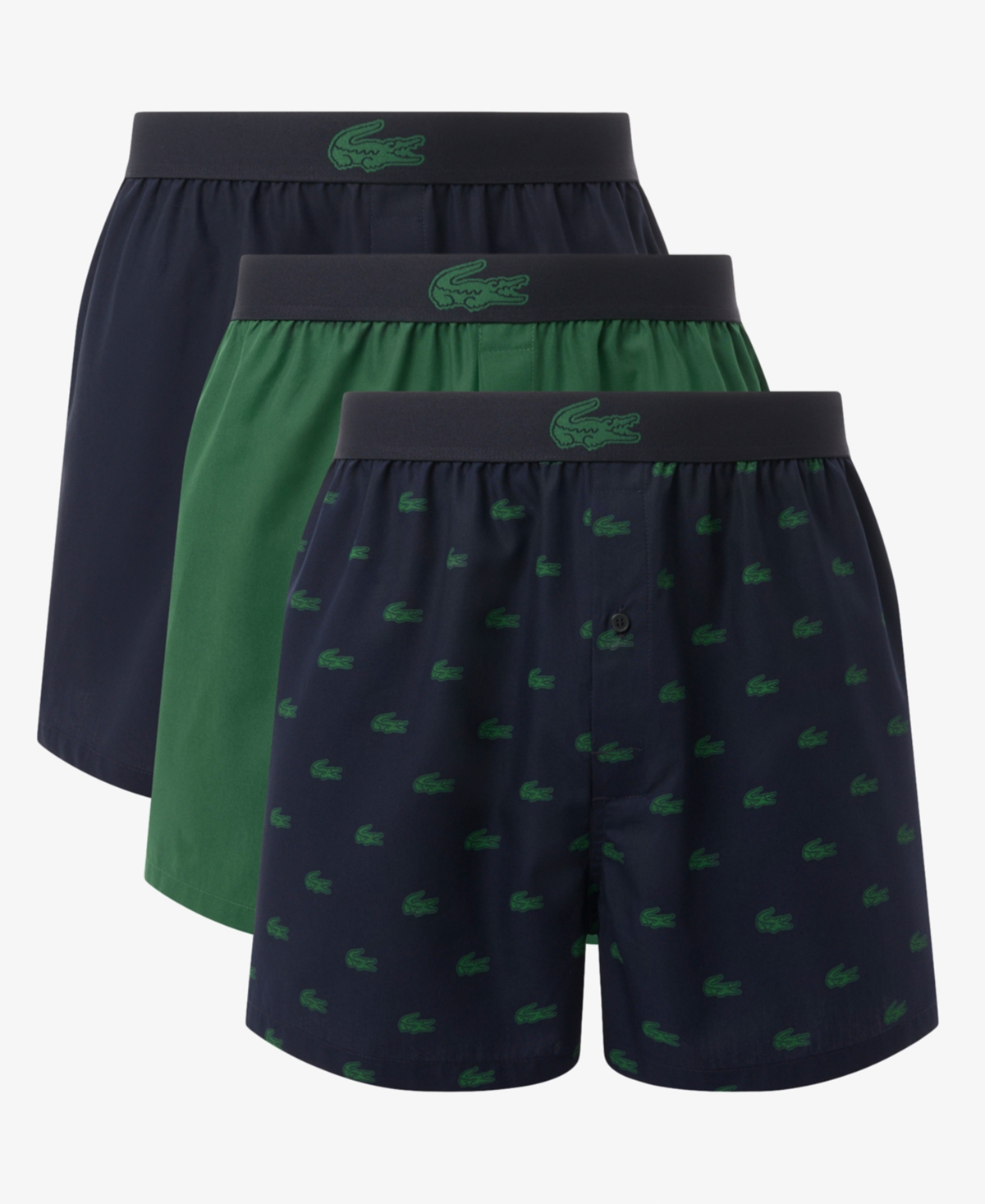 Lacoste Mens 3-Pack Regular-Fit Woven Boxers - Navy/Green/Black