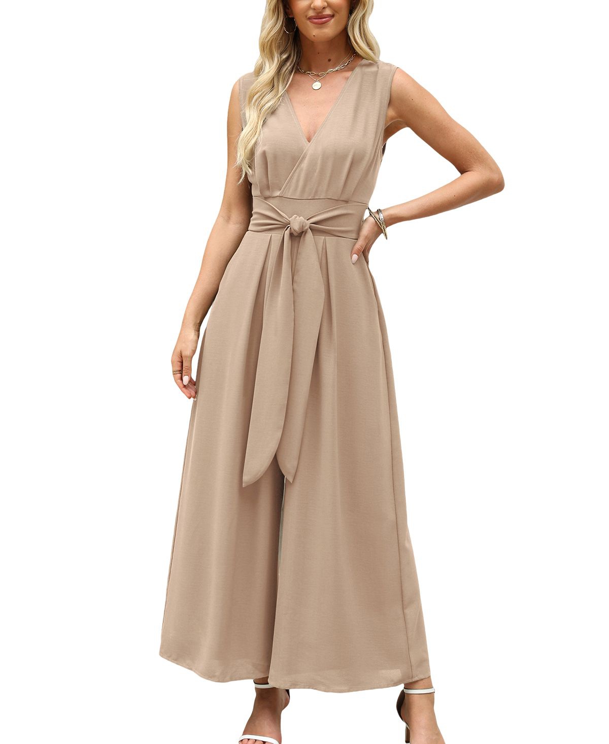 Click here for Cupshe Womens Sleeveless Tie Front Jumpsuit - Beig... prices