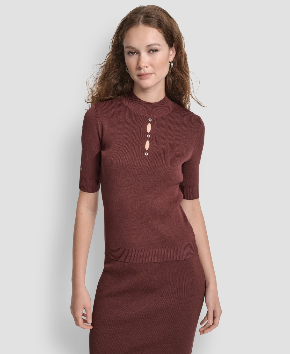 Click here for Dkny Womens Grommet Mock Neck Sweater - Bitter Cho... prices