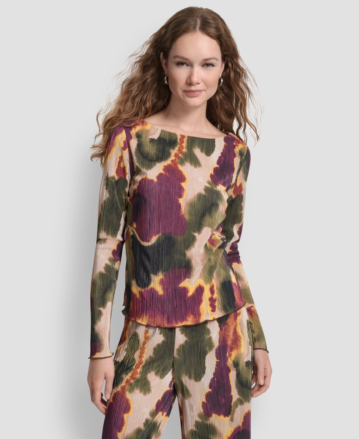 Click here for Dkny Womens Plisse Printed Long Sleeves Top - Ink... prices
