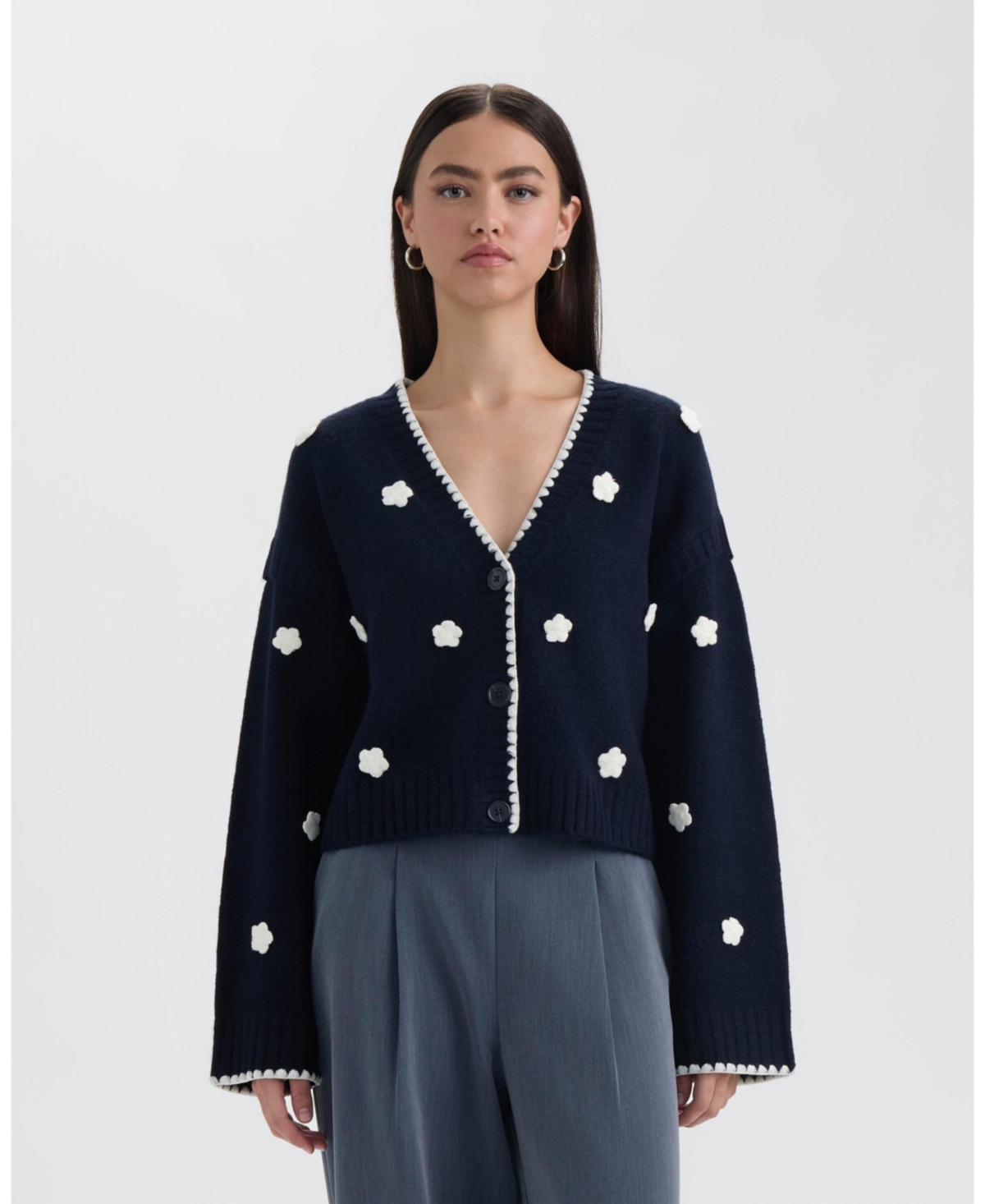 Click here for Nvlt Womens Crochet Flower Cardigan - Navy prices