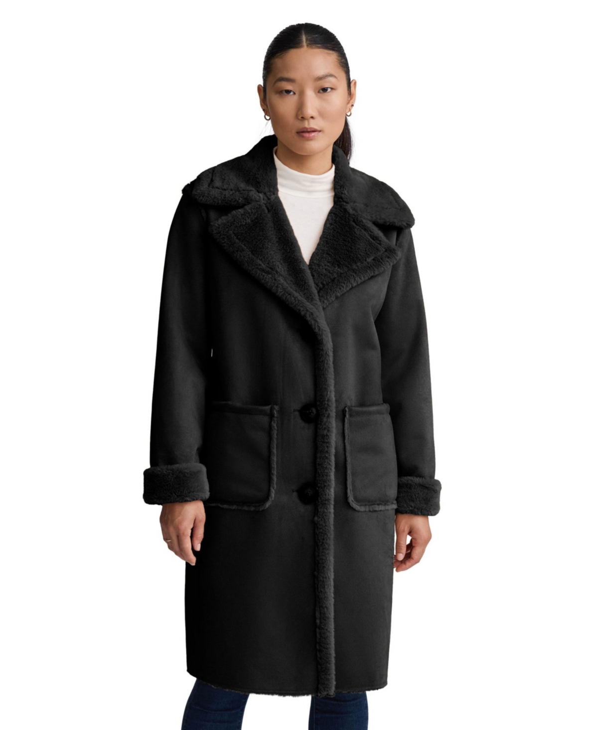 Click here for Nvlt Womens Longline Faux Shearling Coat - Black prices