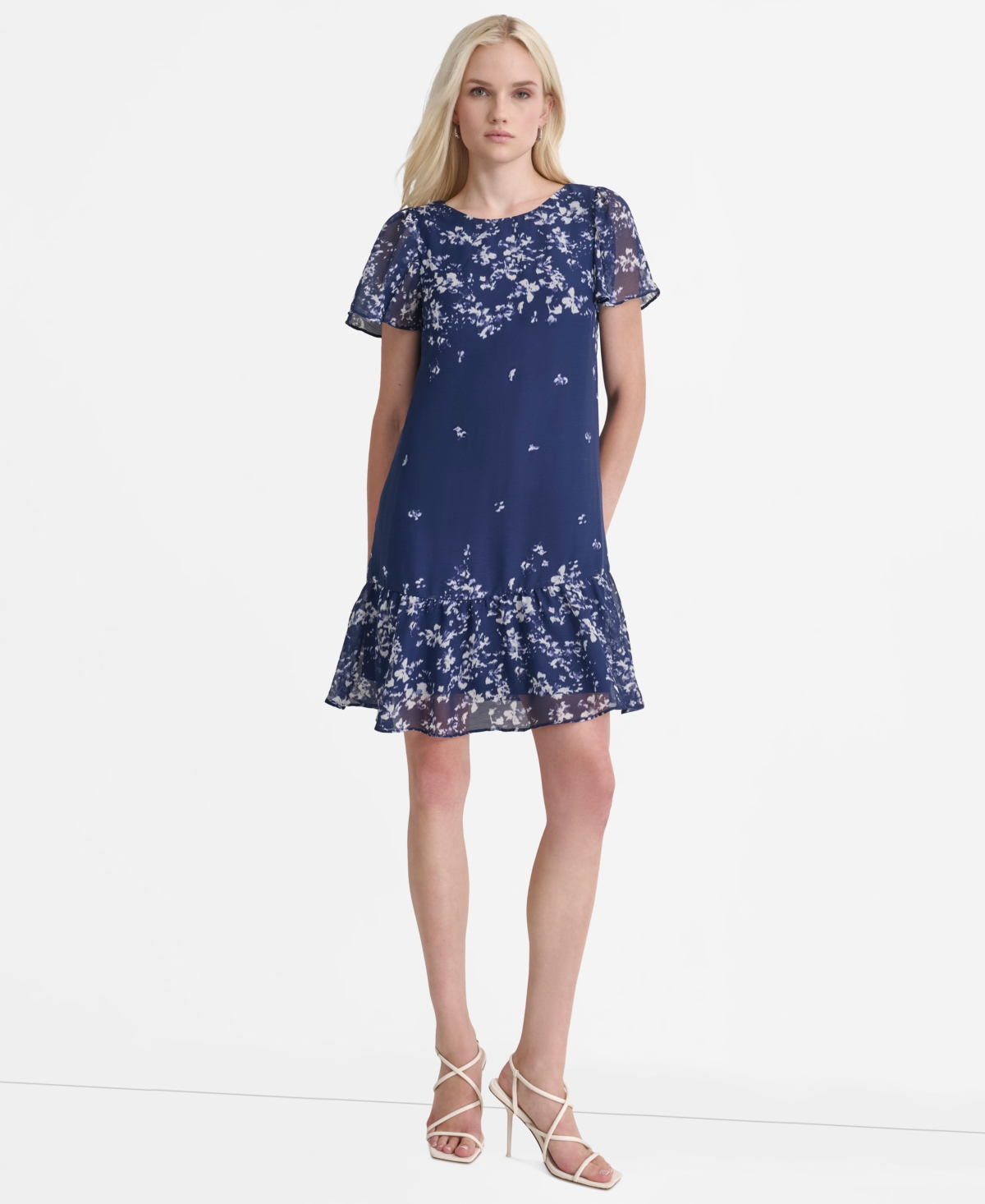 Click here for Dkny Womens Printed Flutter-Sleeve Mini Dress - Bl... prices