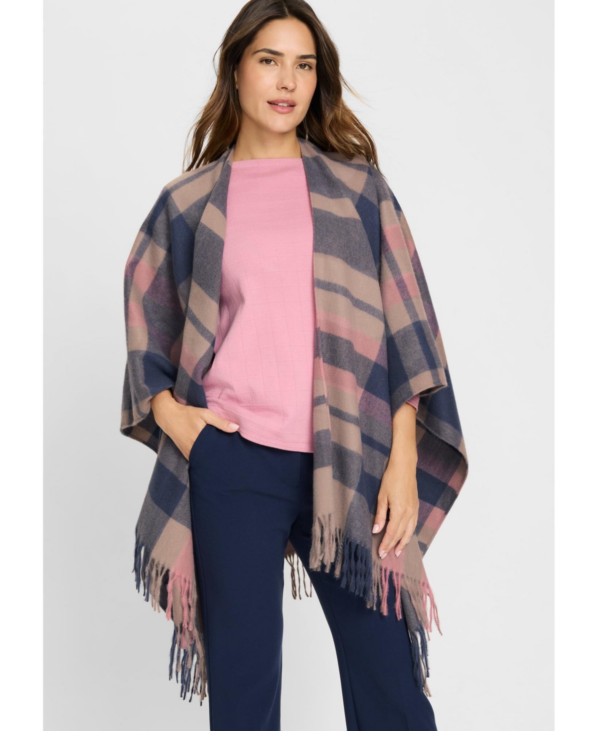 Click here for Olsen Plaid Cape with Fringe - Vintage pink prices