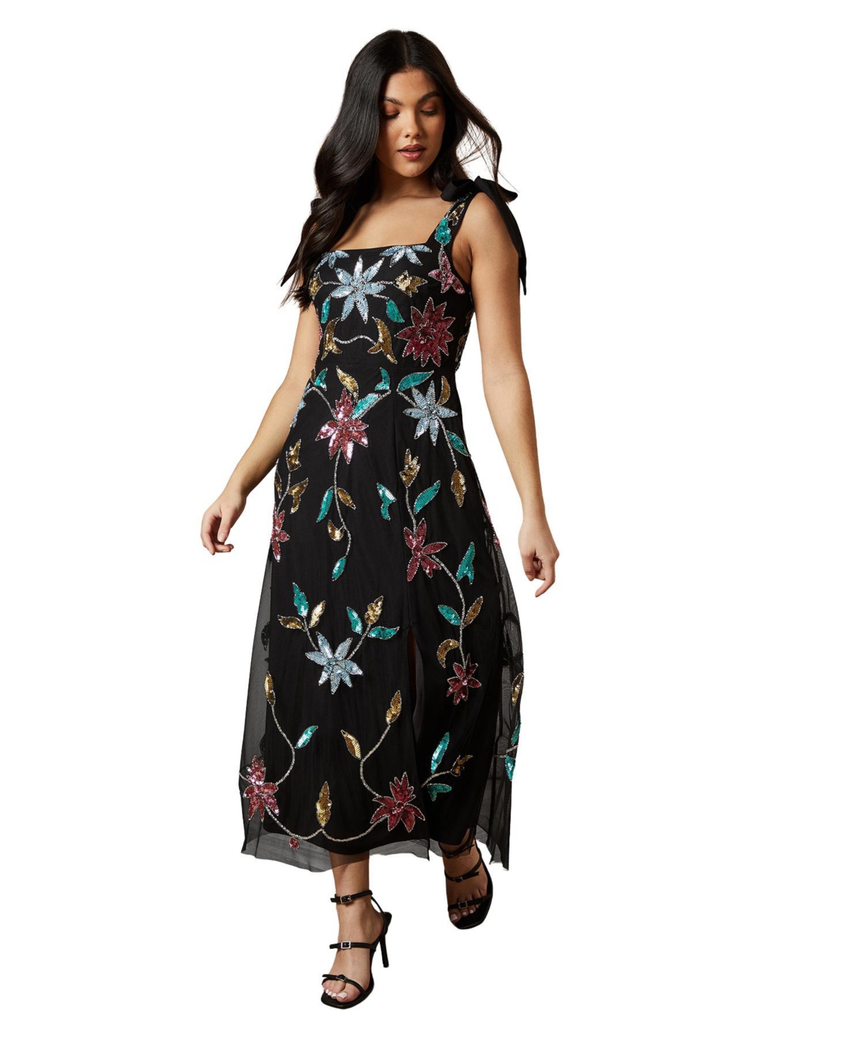 Click here for Oasis Floral Embellished Split Midi Dress - Black prices