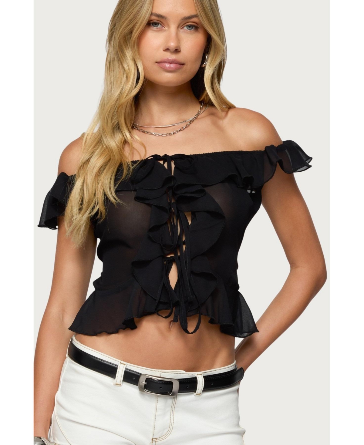 Click here for Edikted Womens Sheer Chiffon Ruffled Off Shoulder... prices