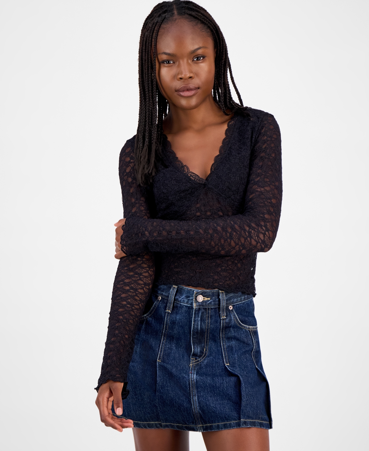 Click here for Madden Girl Juniors Lace Long-Sleeve Top - Black prices