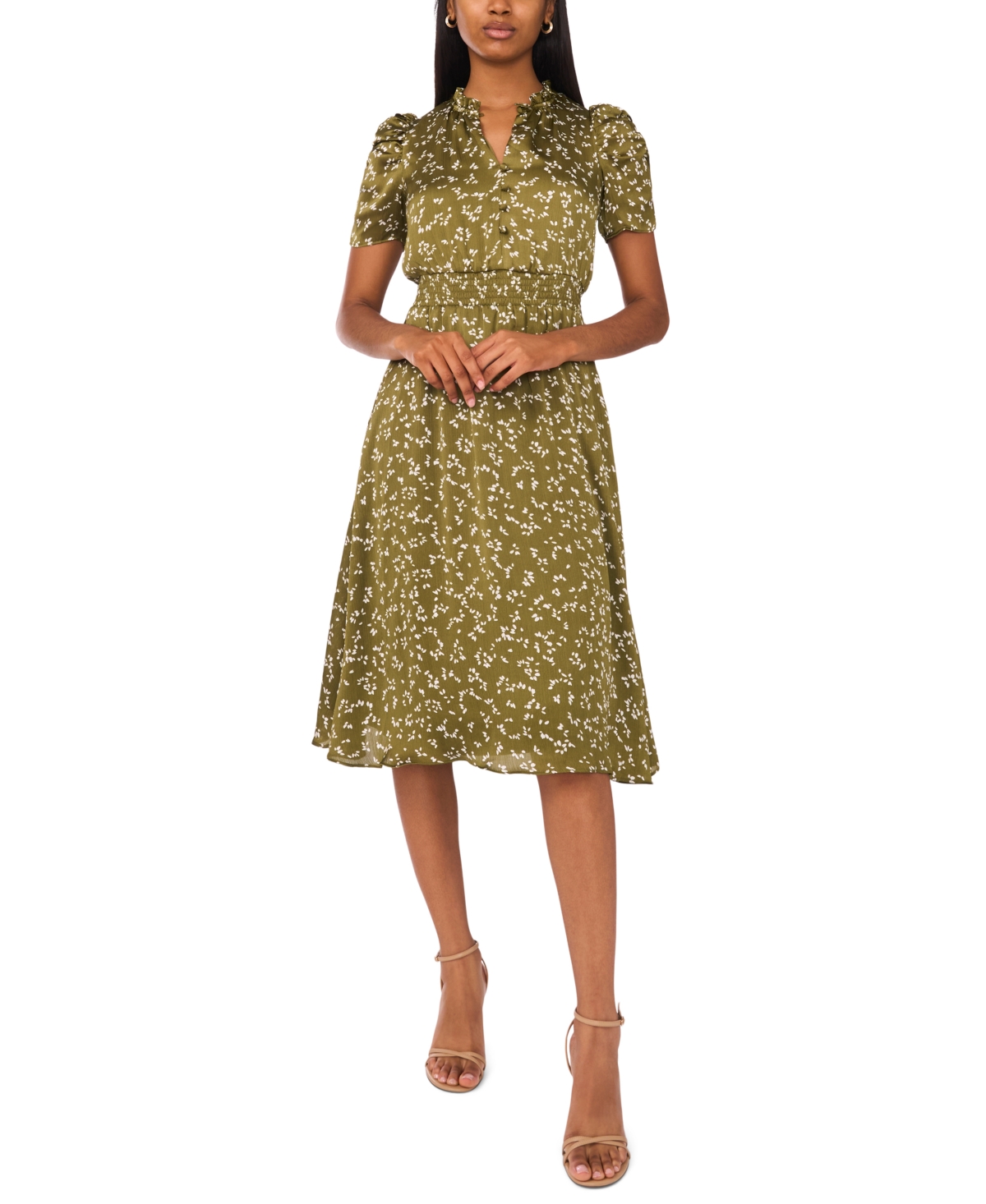 Click here for Msk Petite Puff-Sleeve Chiffon Midi Dress - Olive... prices