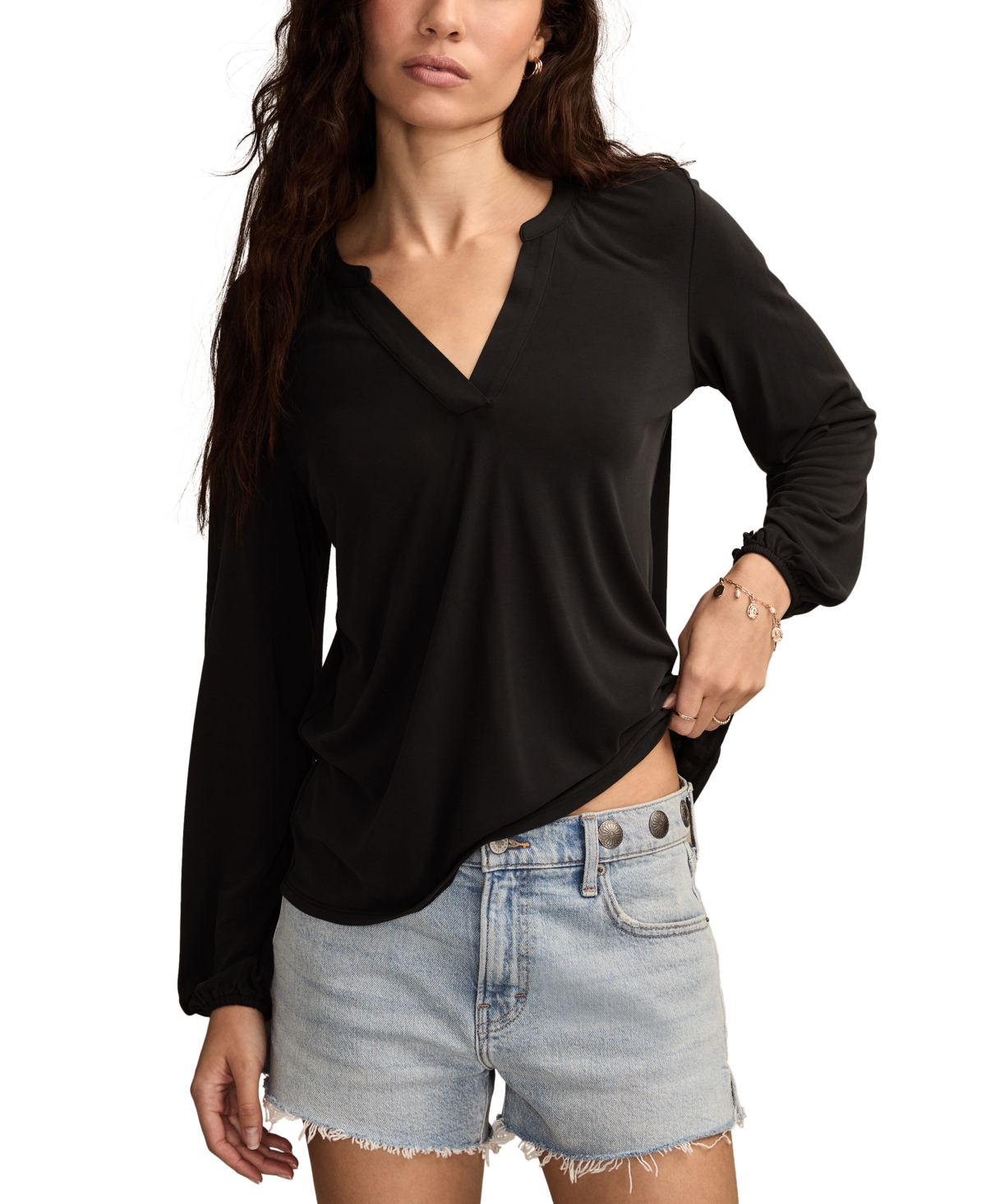 Lucky Brand Womens Sandwash Long Sleeve Top - Caviar