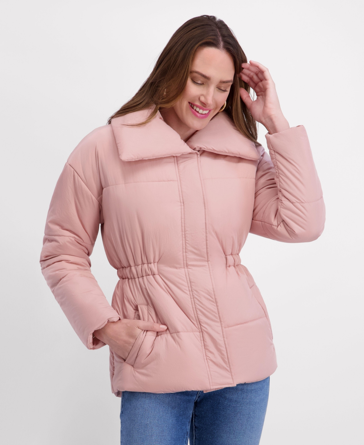 Click here for Kensie Cinched Waist Puffer - Rose prices