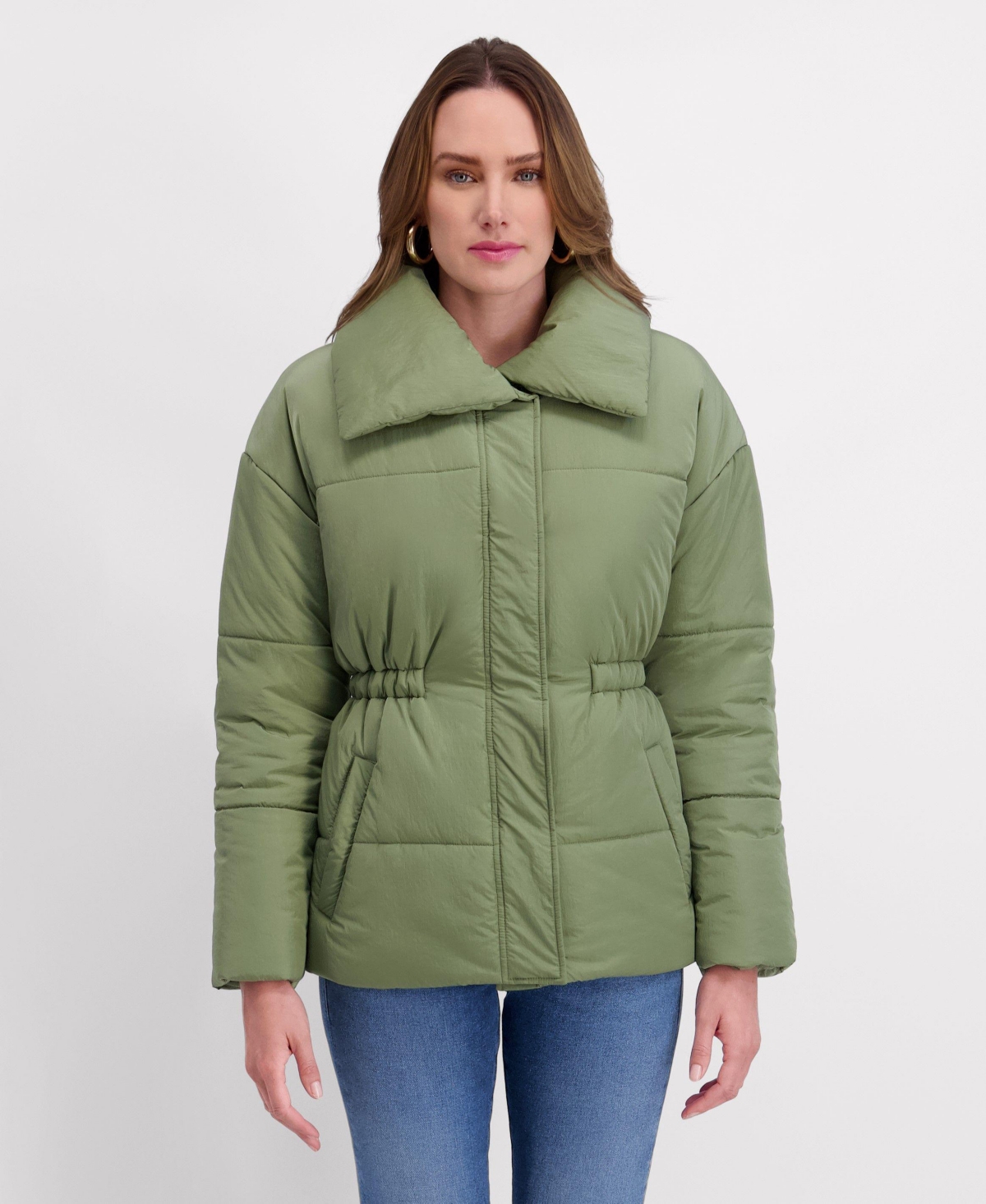 Click here for Kensie Cinched Waist Puffer - Basil prices
