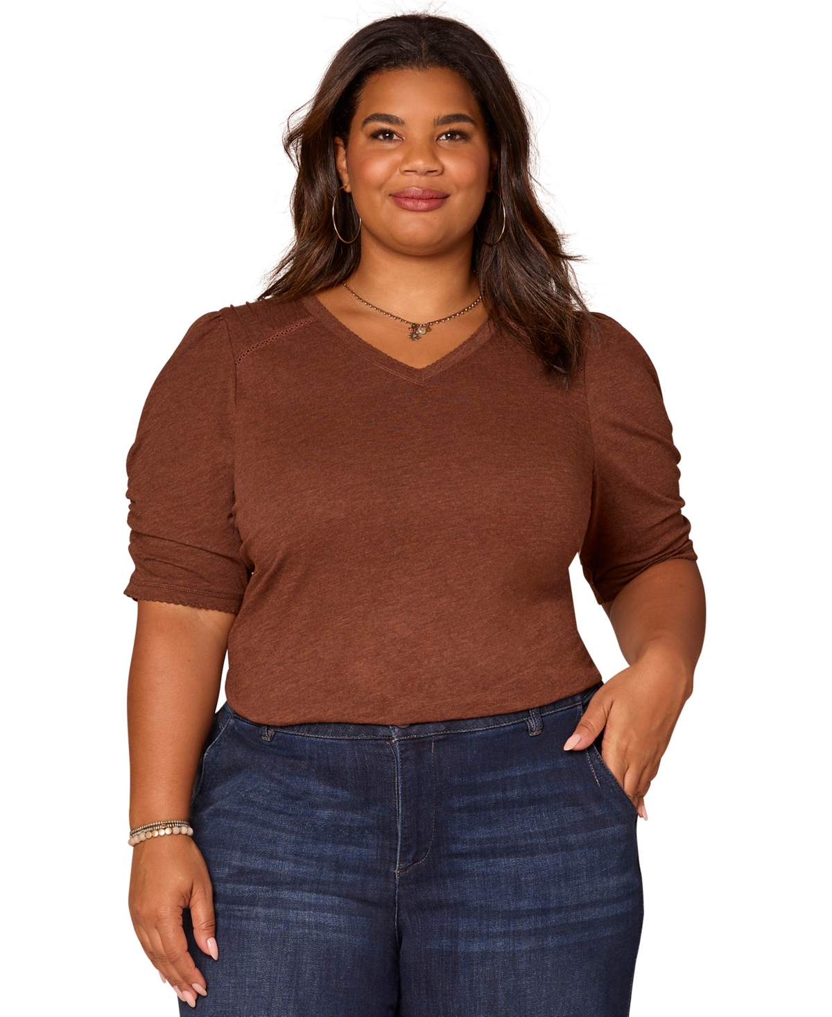 Click here for Democracy Plus Size Puff-Sleeve V-Neck Top - Heath... prices