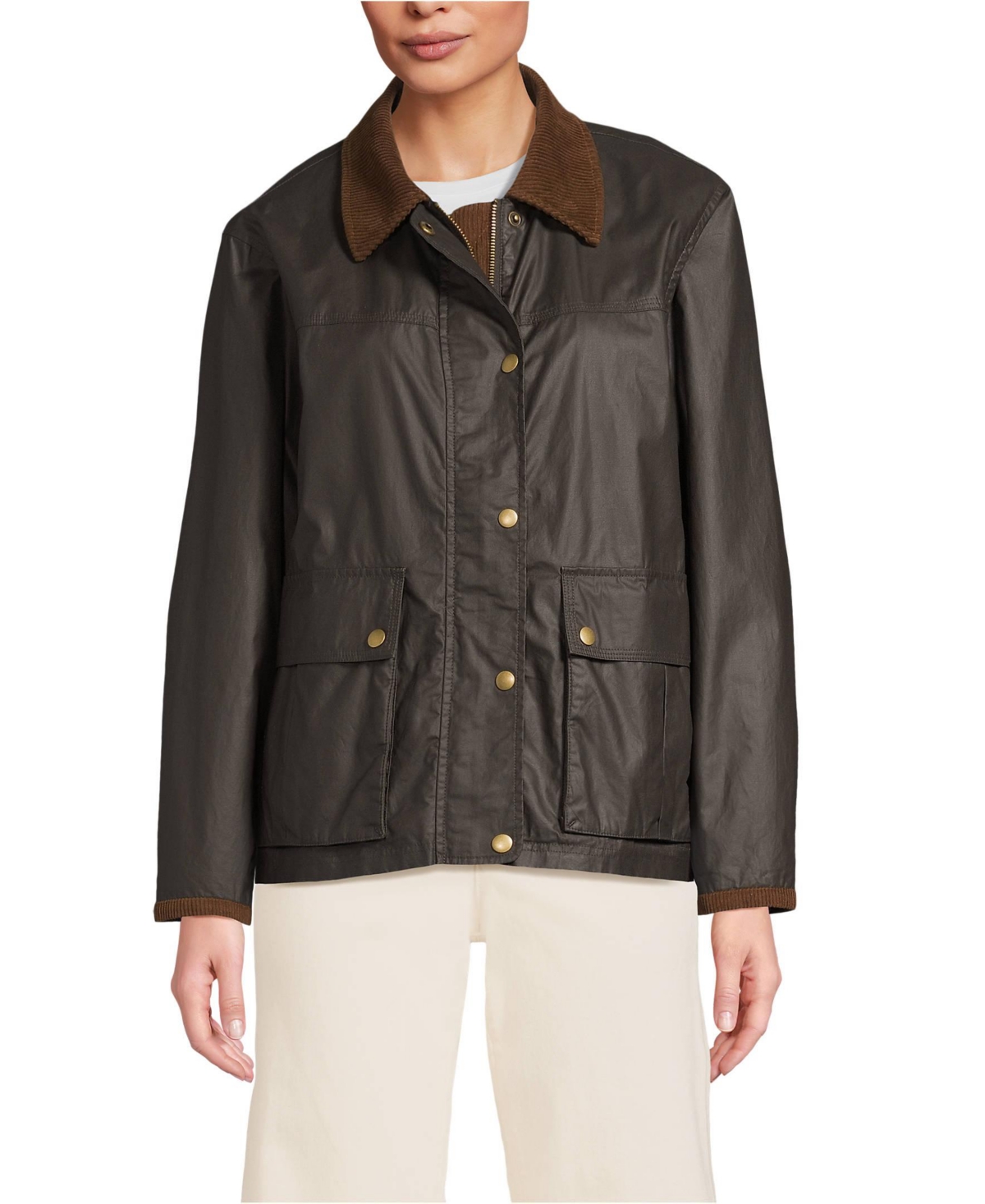 Click here for Lands End Womens Waxed Cotton Barn Jacket - Chocol... prices
