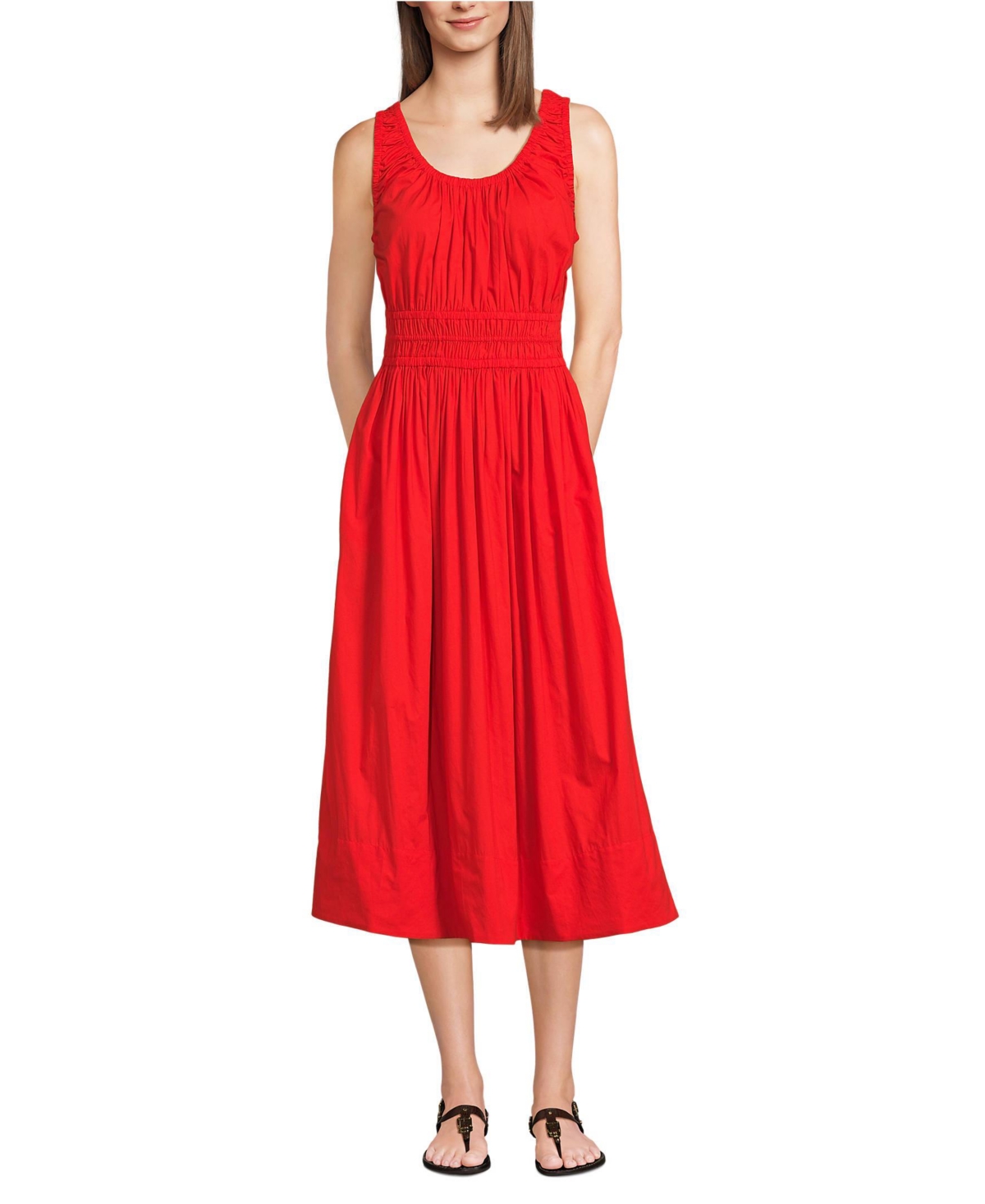 Click here for Lands End Womens Sleeveless Poplin Smocked Midi Dr... prices