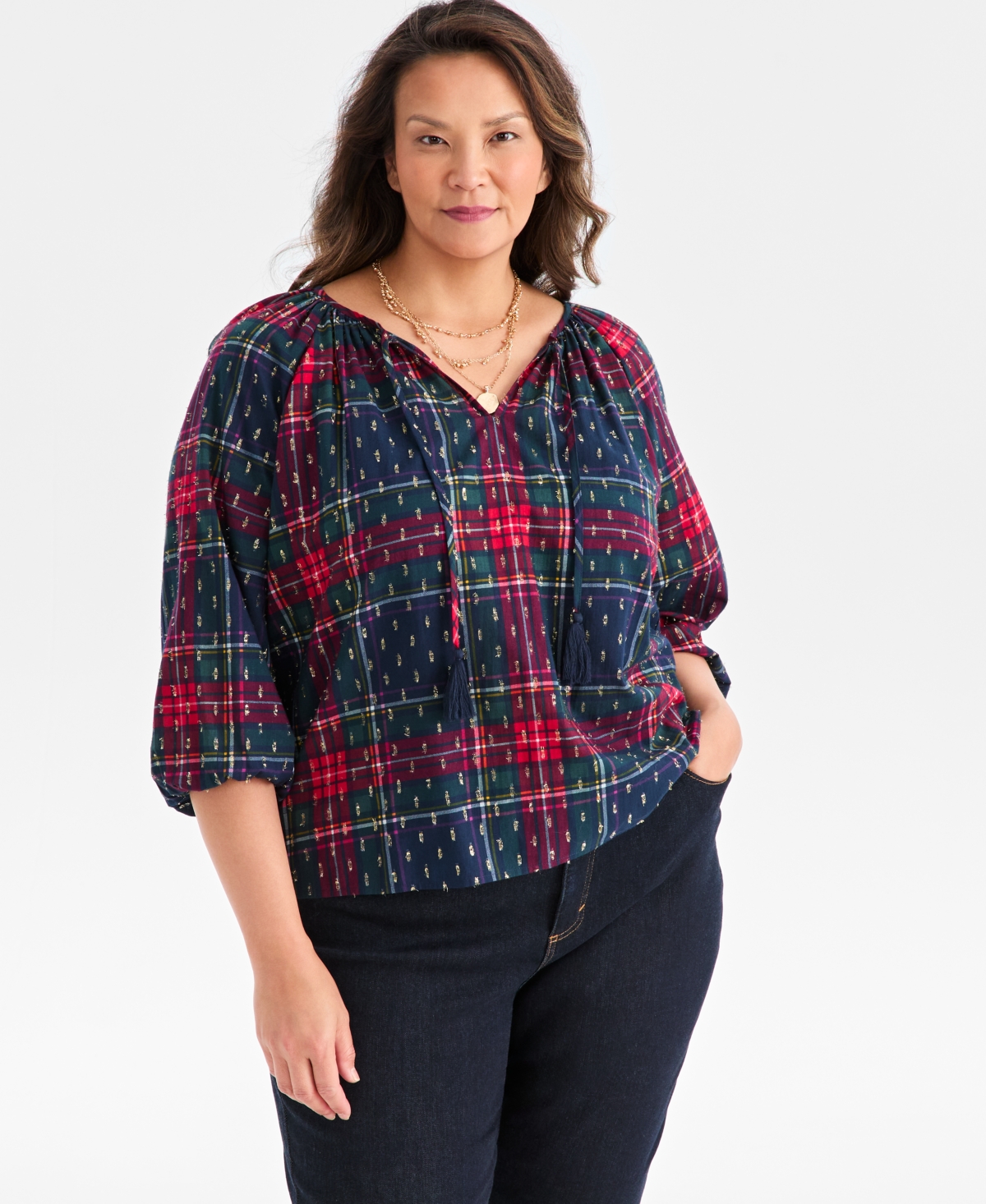 Click here for Style & Co Plus Size V-Neck Plaid Bubble-Sleeve Bl... prices