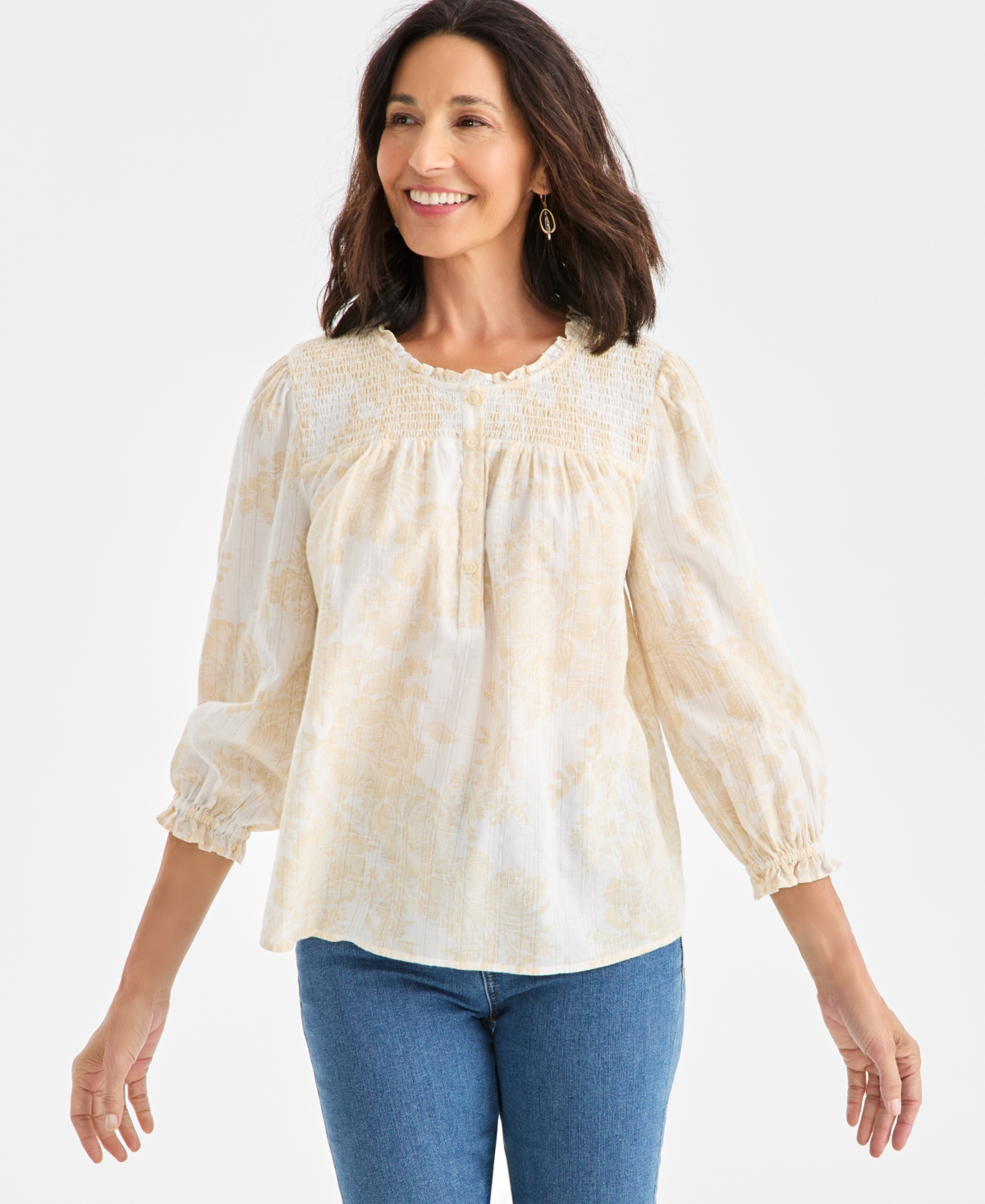 Click here for Style & Co Womens Printed Smocked-Yoke Blouse  Mac... prices