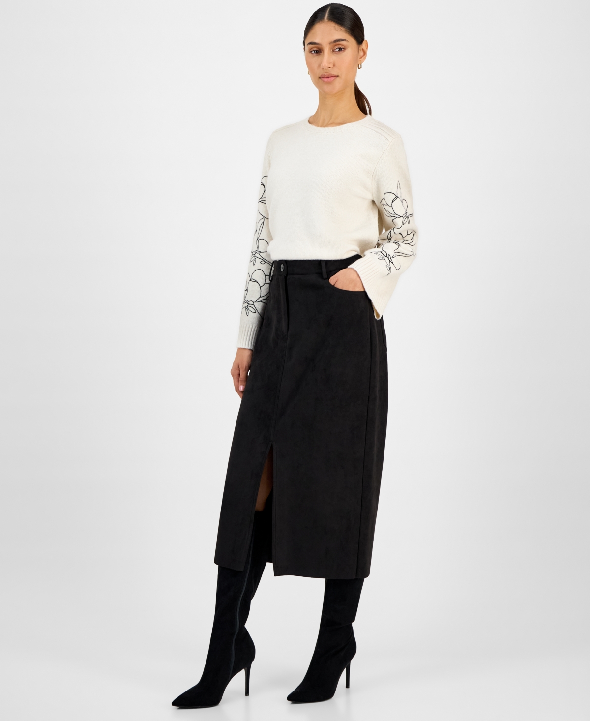 Click here for T Tahari Womens Faux-Suede Slit-Front Midi Skirt -... prices