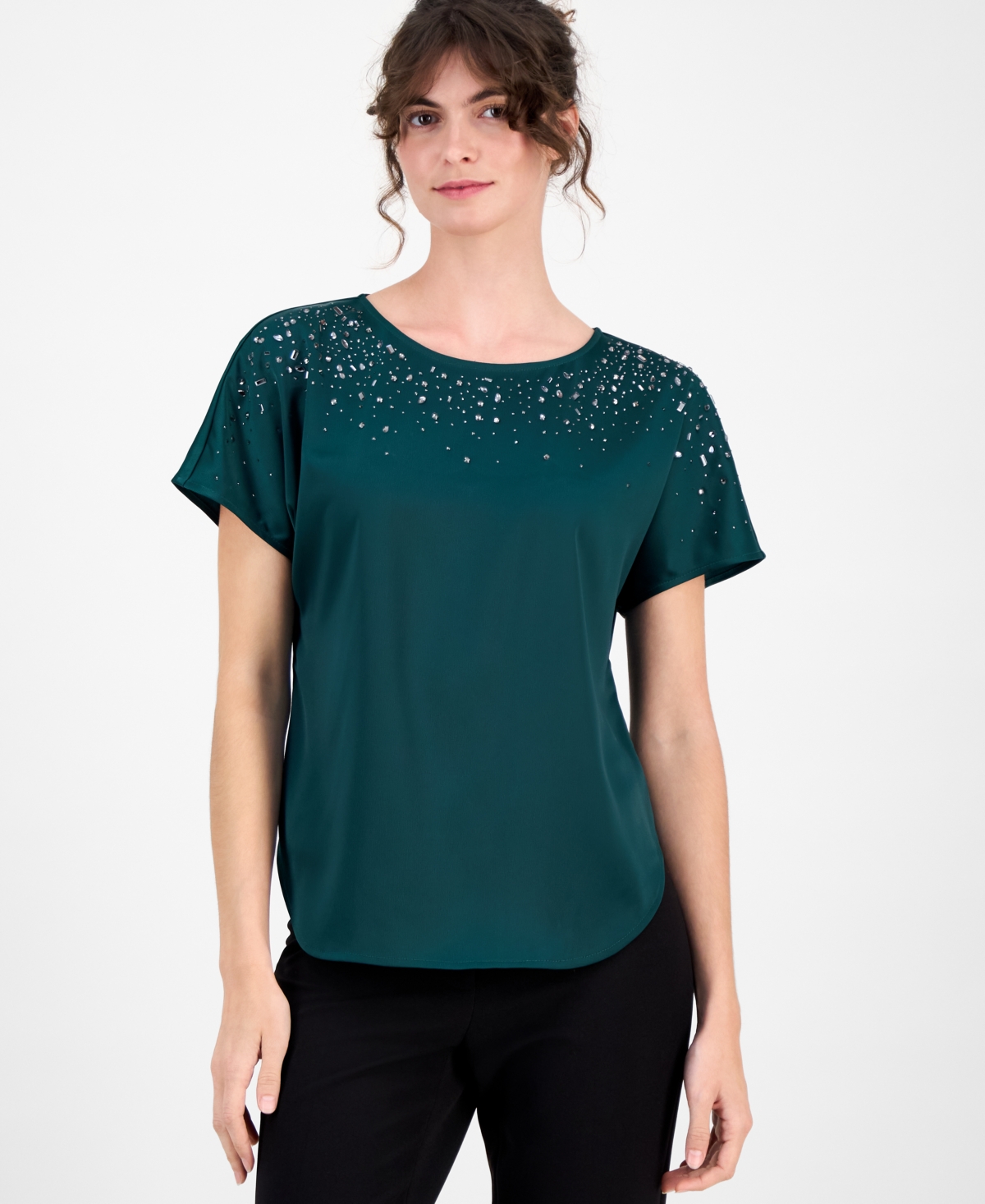 Click here for Anne Klein Womens Short-Sleeve Beaded Blouse - Pin... prices