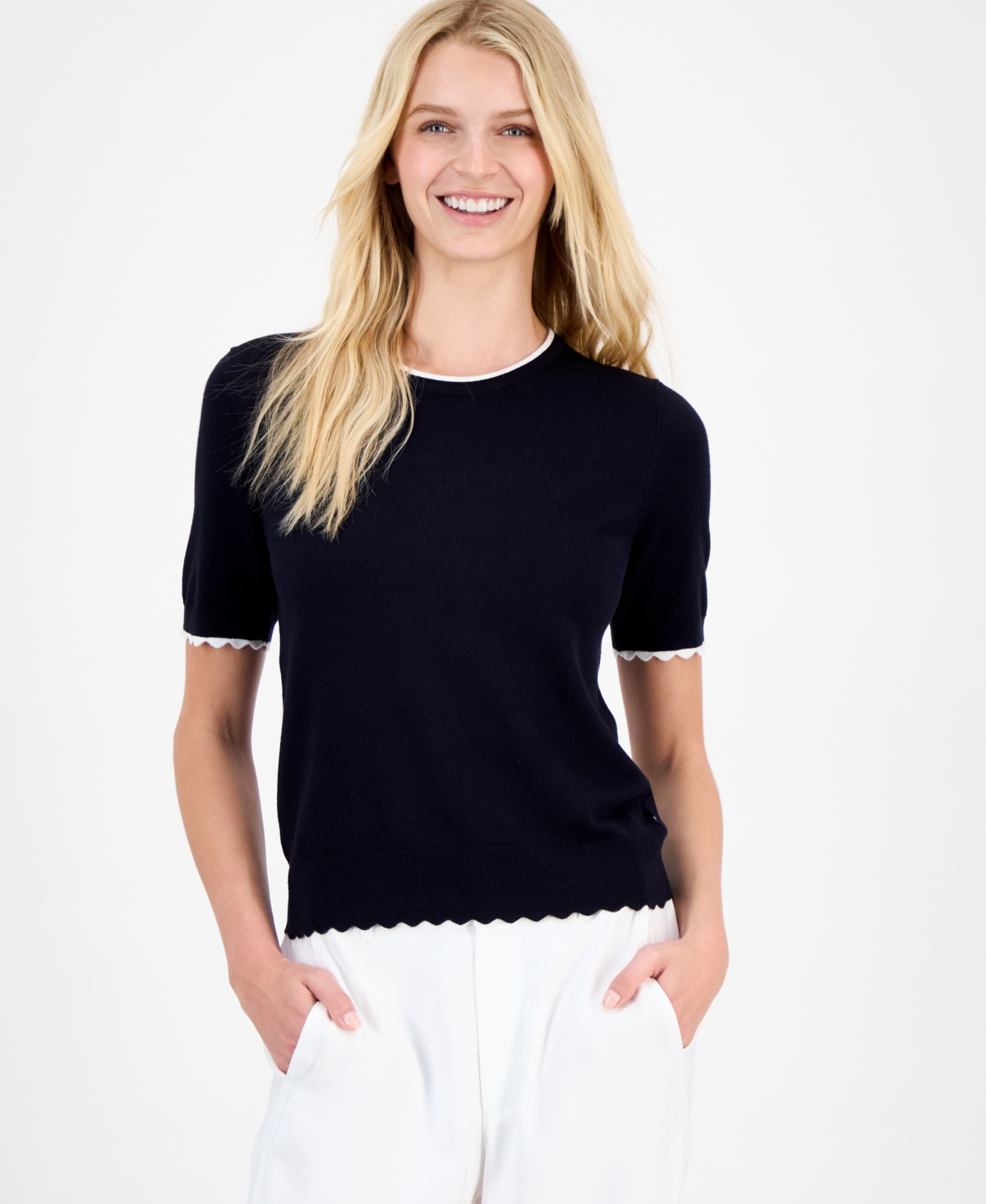 Click here for Nautica Womens Scallop-Trim Short Sleeve Crewneck... prices