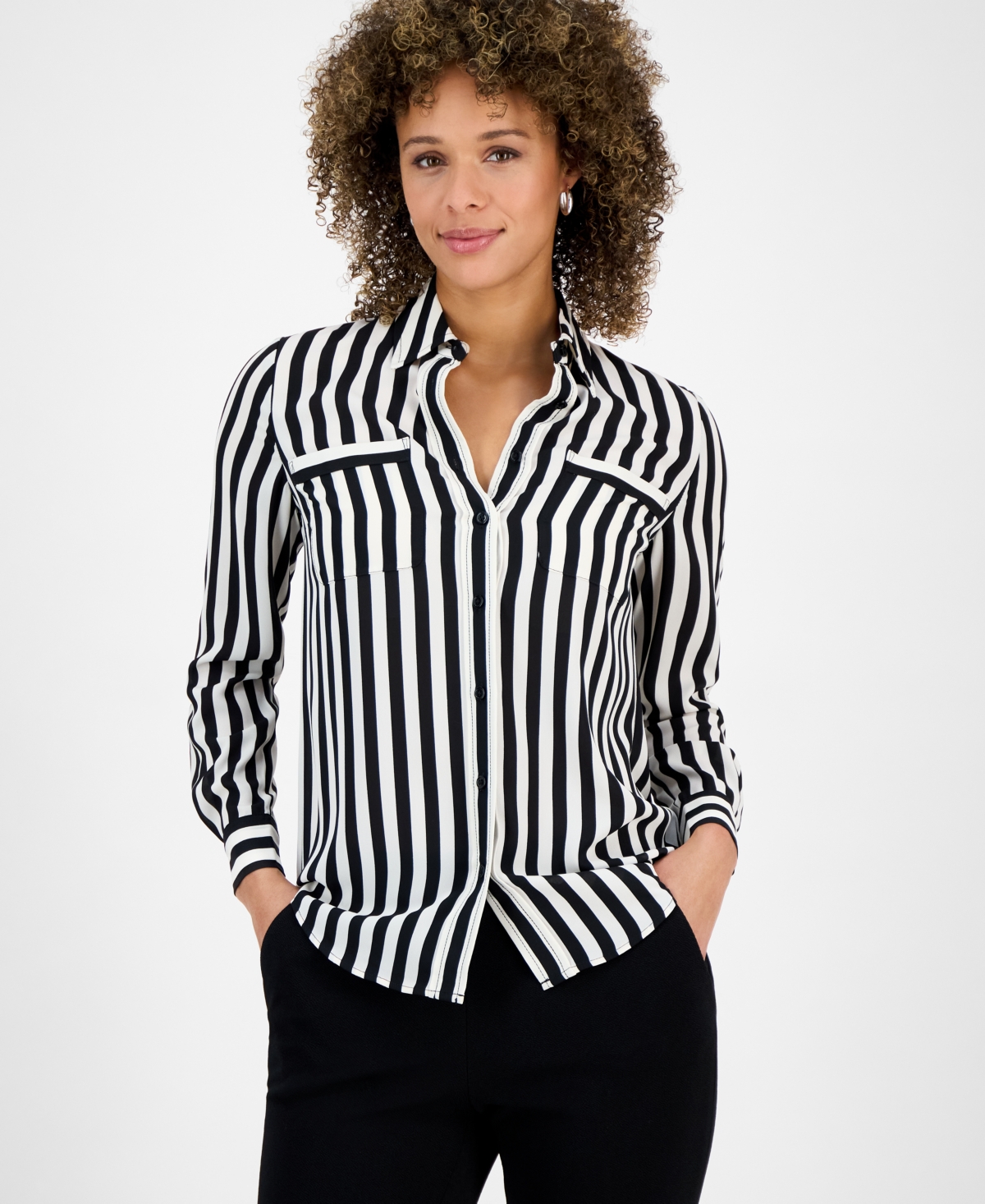 Click here for Kasper Womens Striped Button-Front Shirt - Black/w... prices