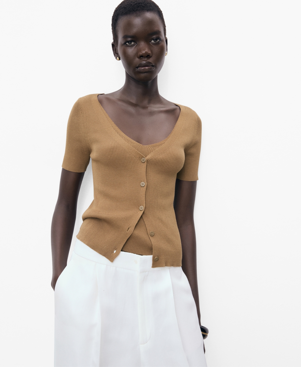 Click here for Mango Womens Mixed Ribbed Sweater - Brown prices