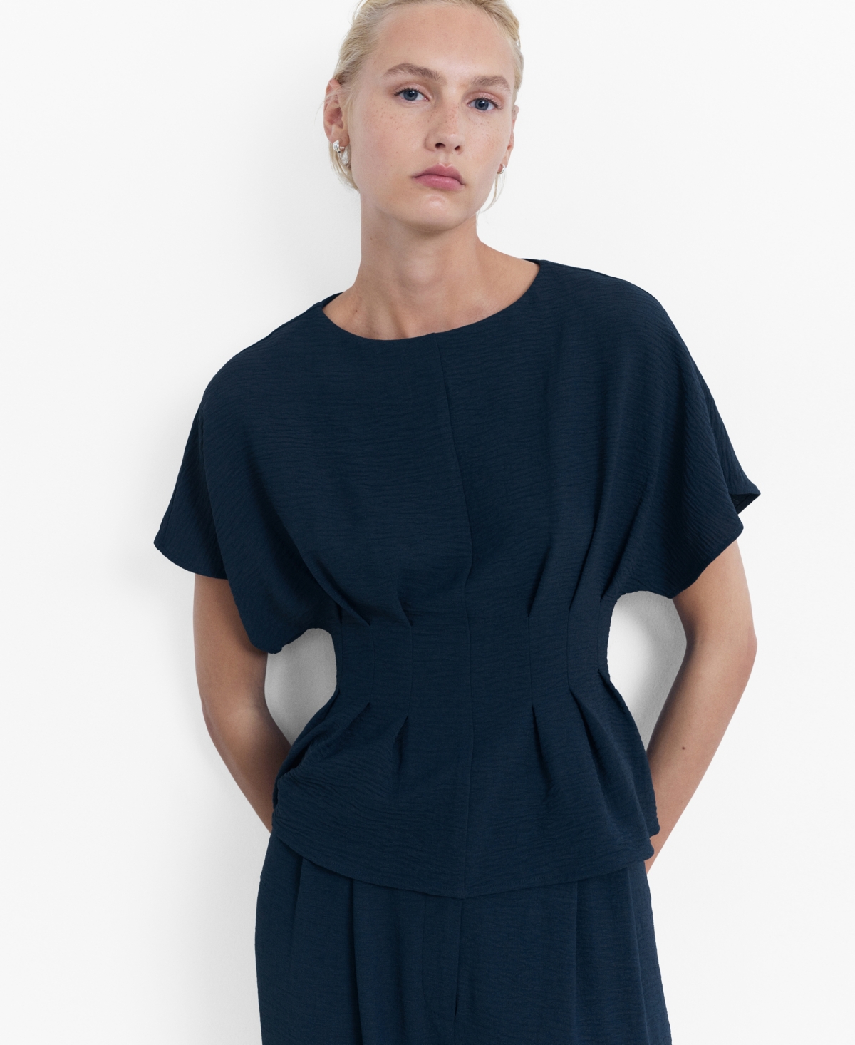 Click here for Mango Womens Fitted Peplum Blouse - Navy prices