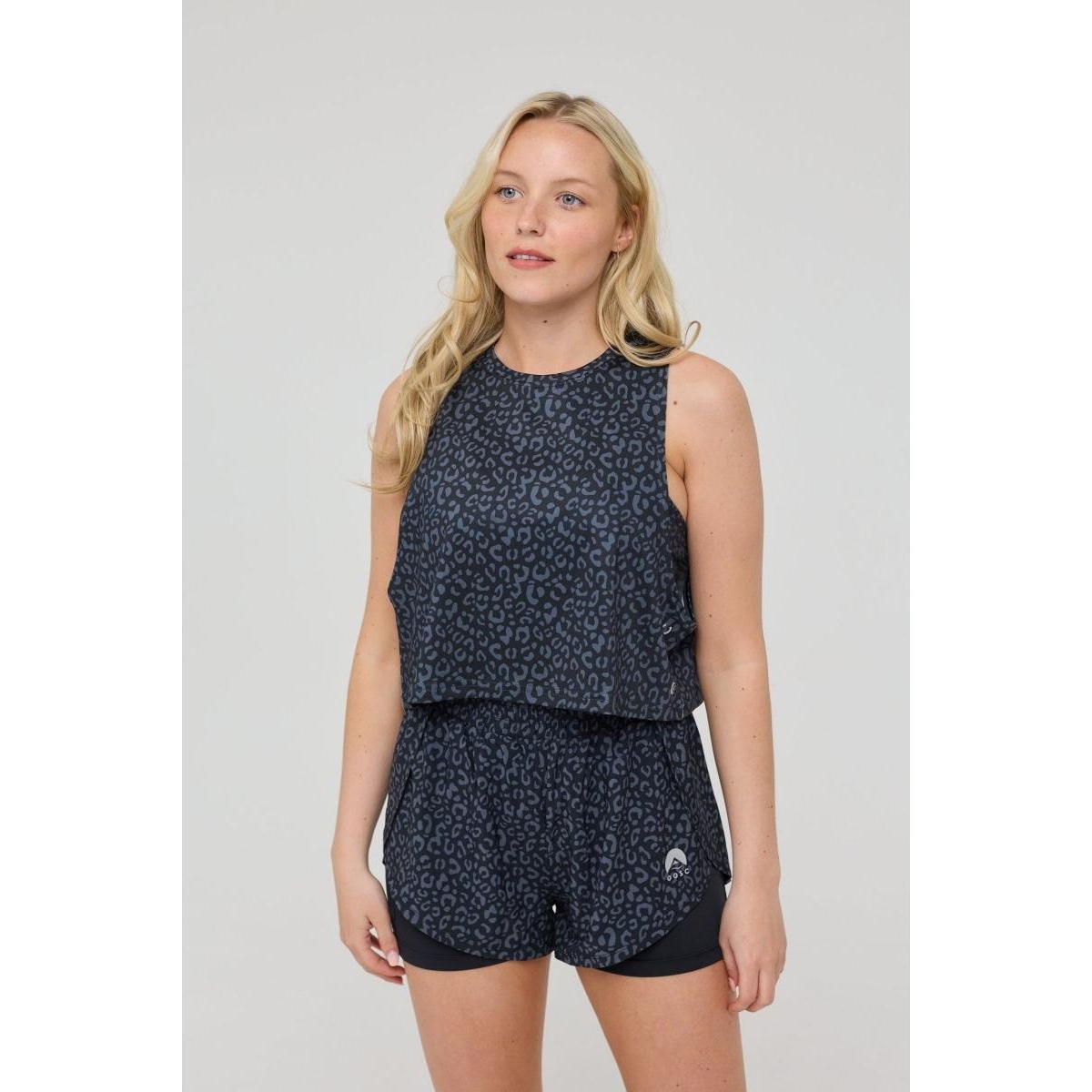 Click here for Oosc Womens Infinite Cropped Tank Top - Black Leop... prices