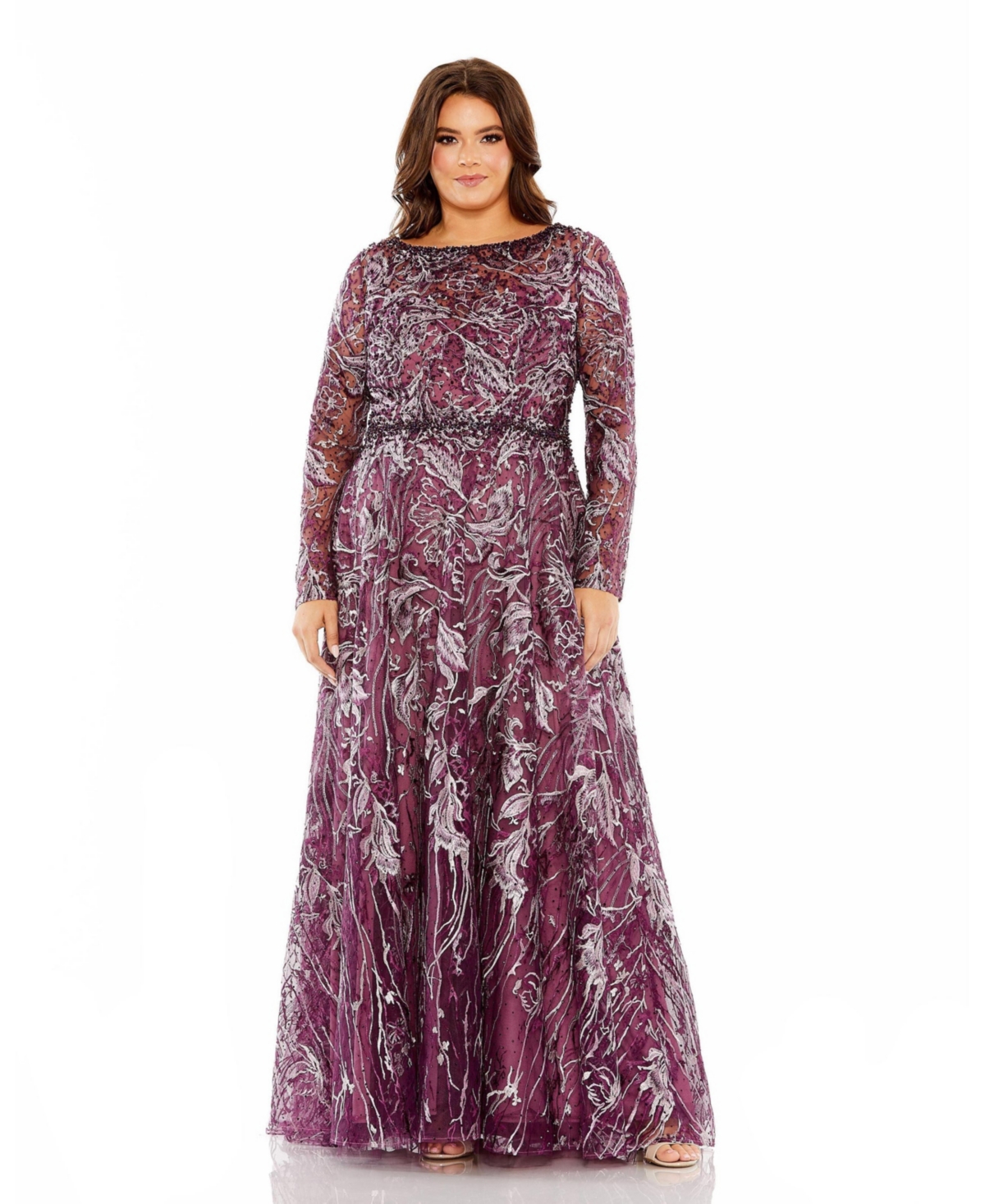 Mac Duggal Plus Long Sleeve High Neck Embroidered & Beaded Detail Gown