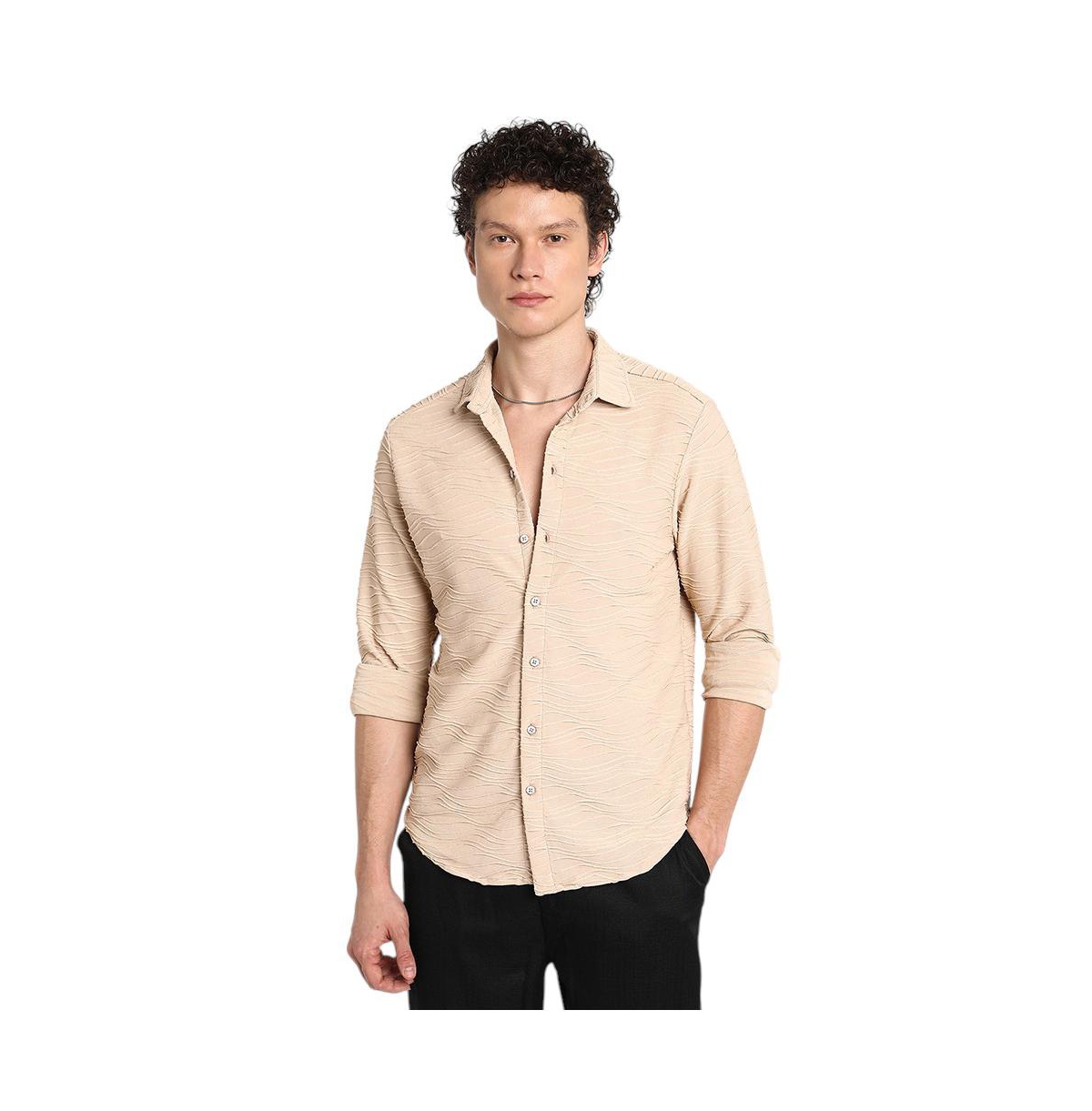 Click here for Campus Sutra Mens Saltbox Beige Self-Design Wave S... prices