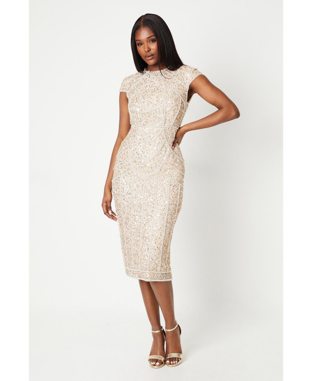 Click here for Coast Womens Embellished Pencil Dress - Champagne prices