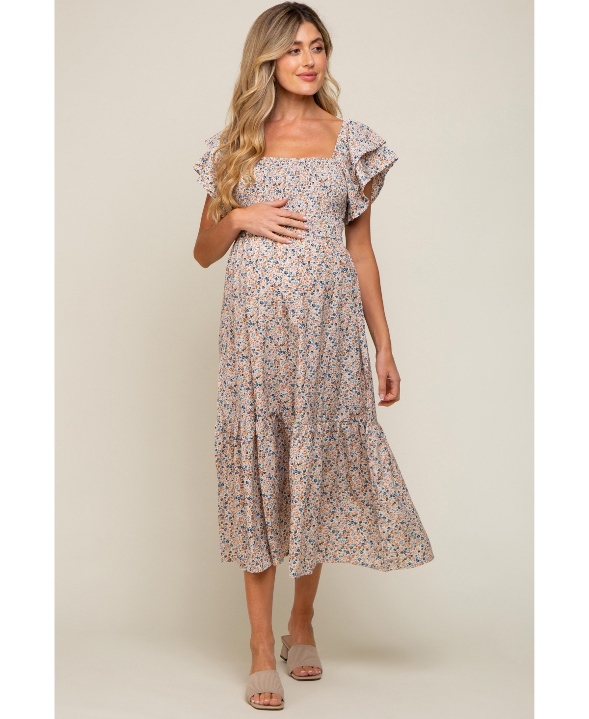 Click here for Cream Floral Flutter Maternity Midi Dress - Cream prices