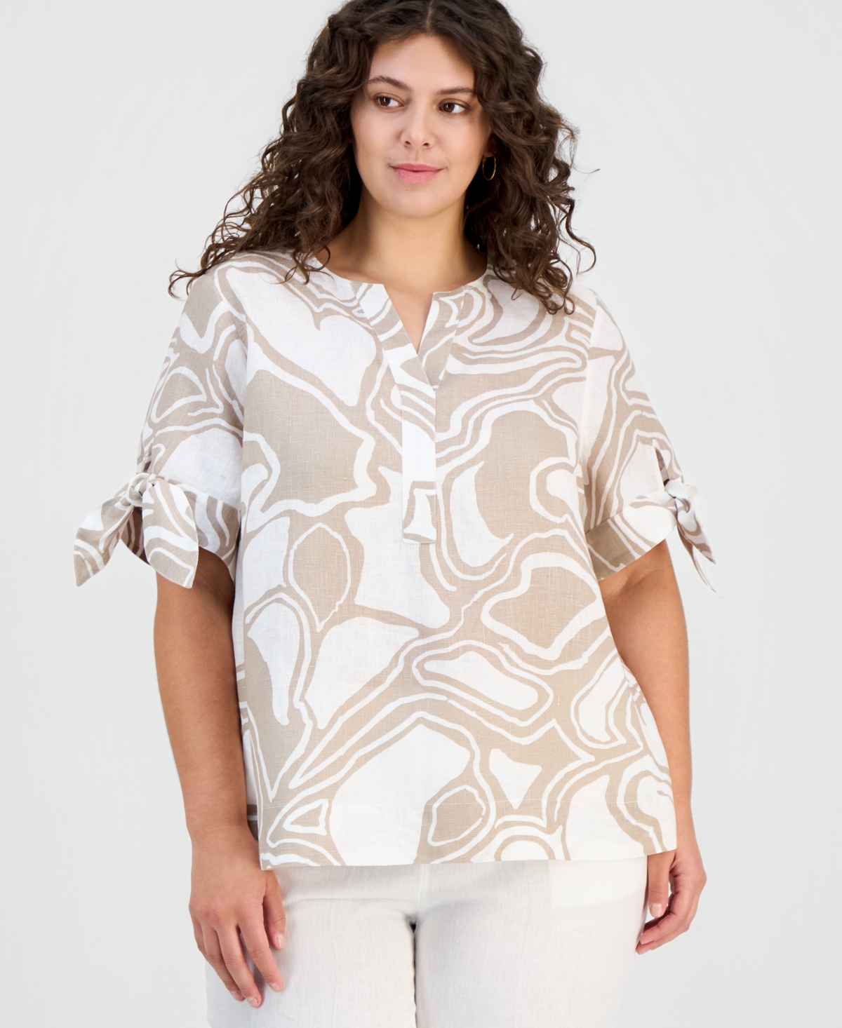 Click here for Charter Club Plus Size Linen Tie-Sleeve Printed To... prices
