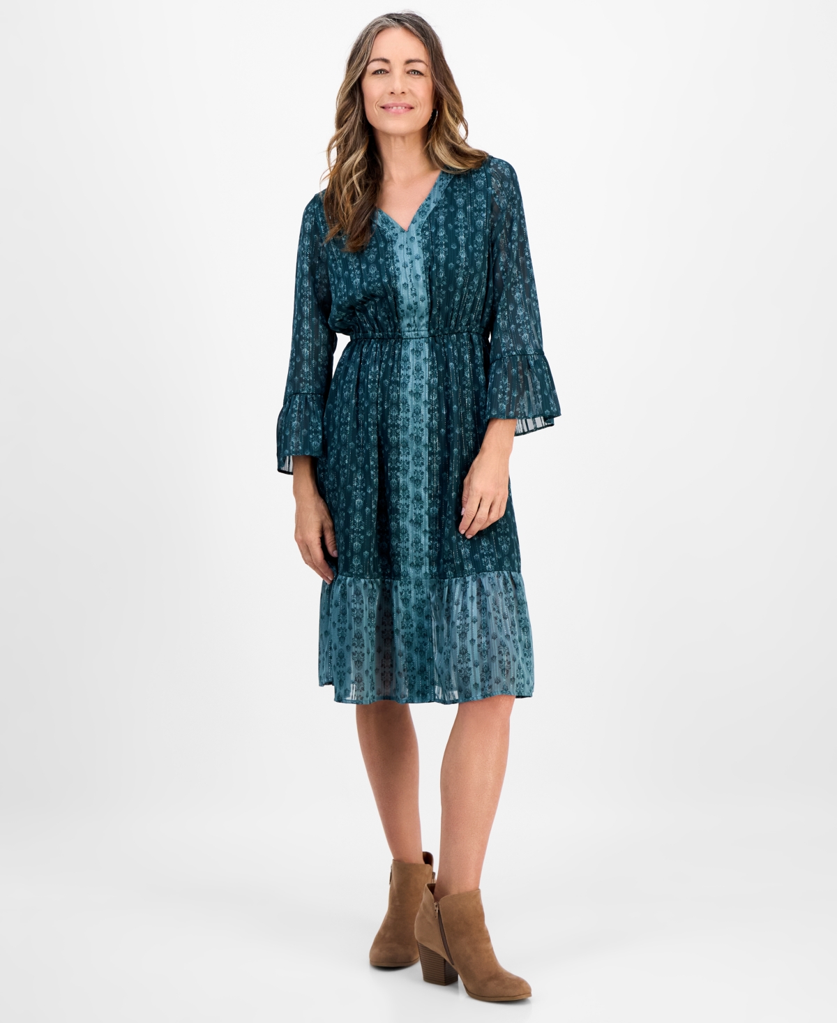 Click here for Style & Co Petite Damask Shine Flutter-Sleeve Dres... prices
