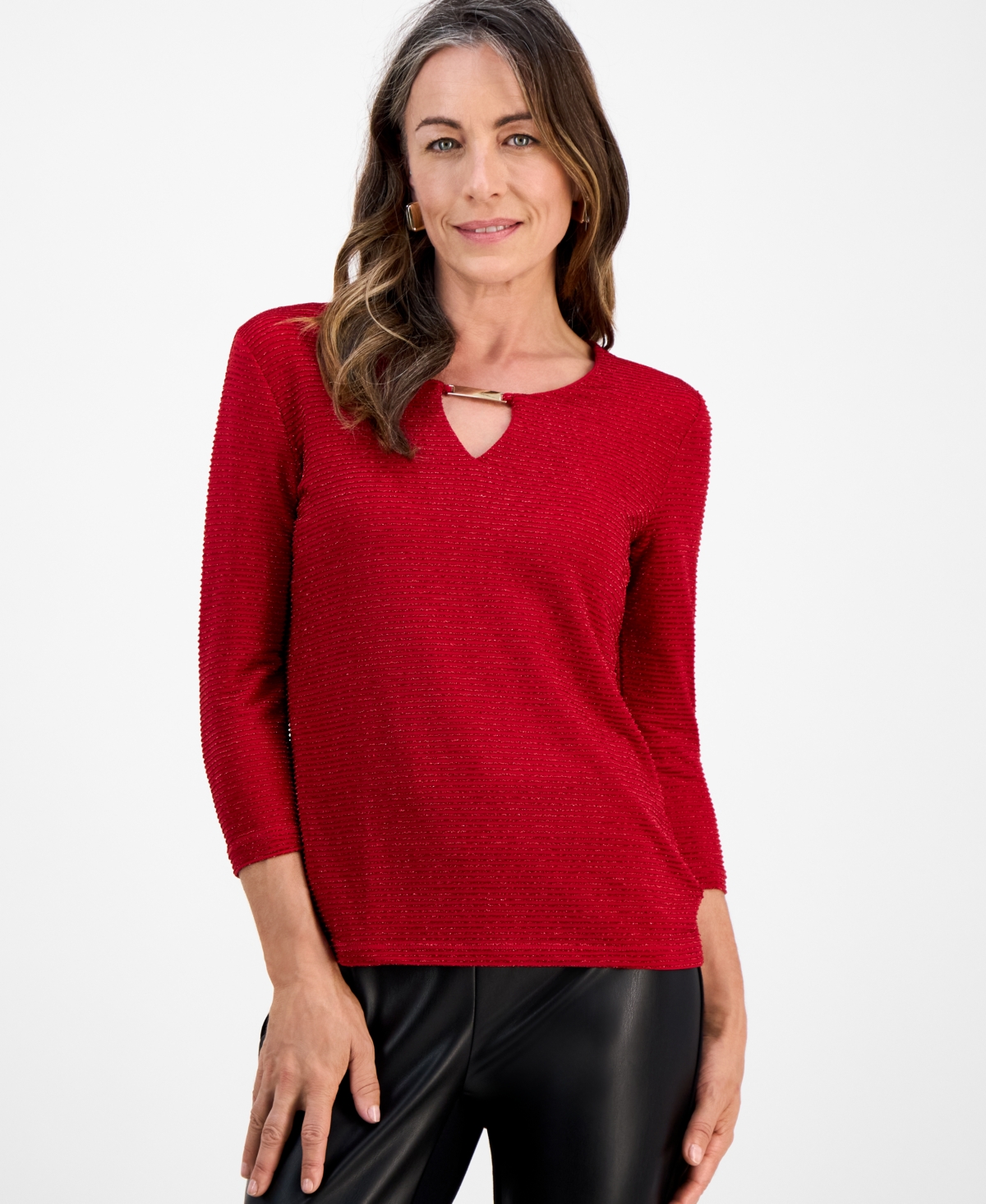 Click here for Jm Collection Petite Shine Stripe Jacquard Keyhole... prices