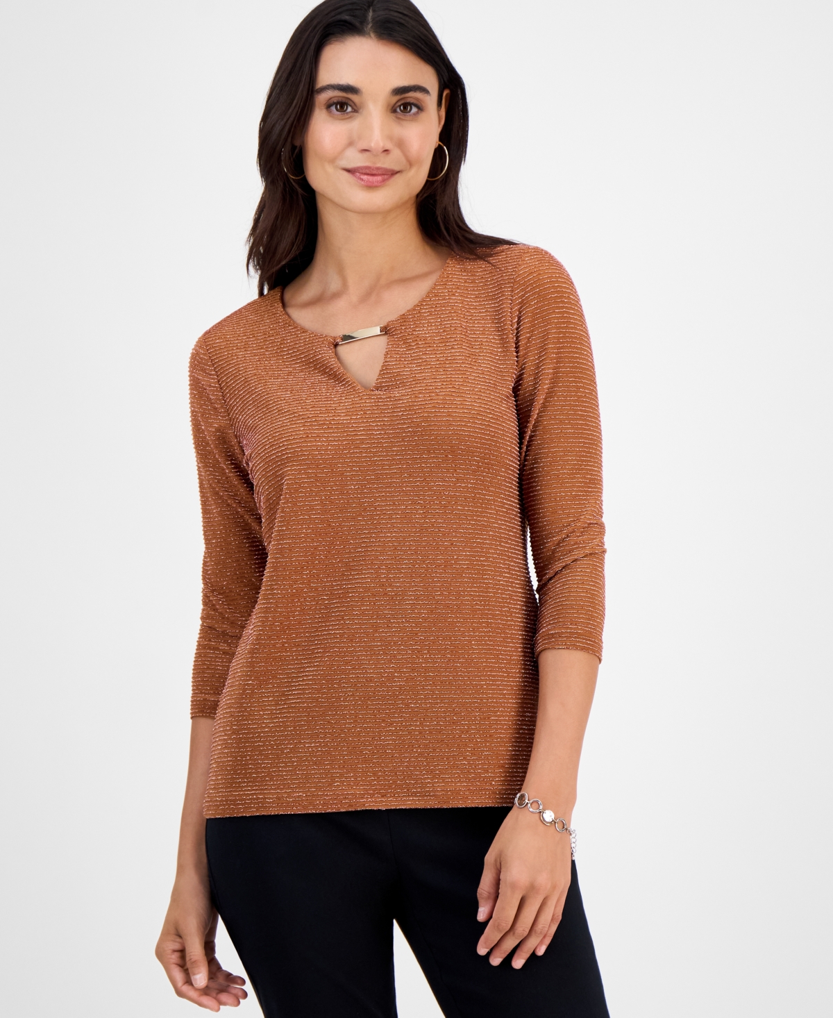Click here for Jm Collection Petite Shine Stripe Jacquard Keyhole... prices