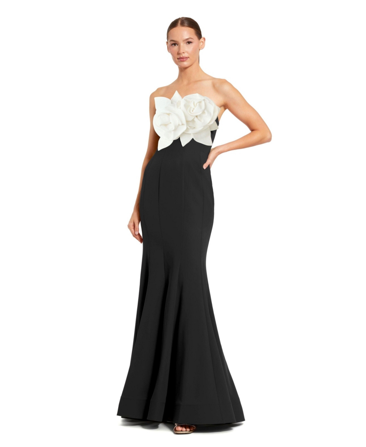 Womens Crepe Strapless Mermaid Gown With 3D Flowers - Black ivory
