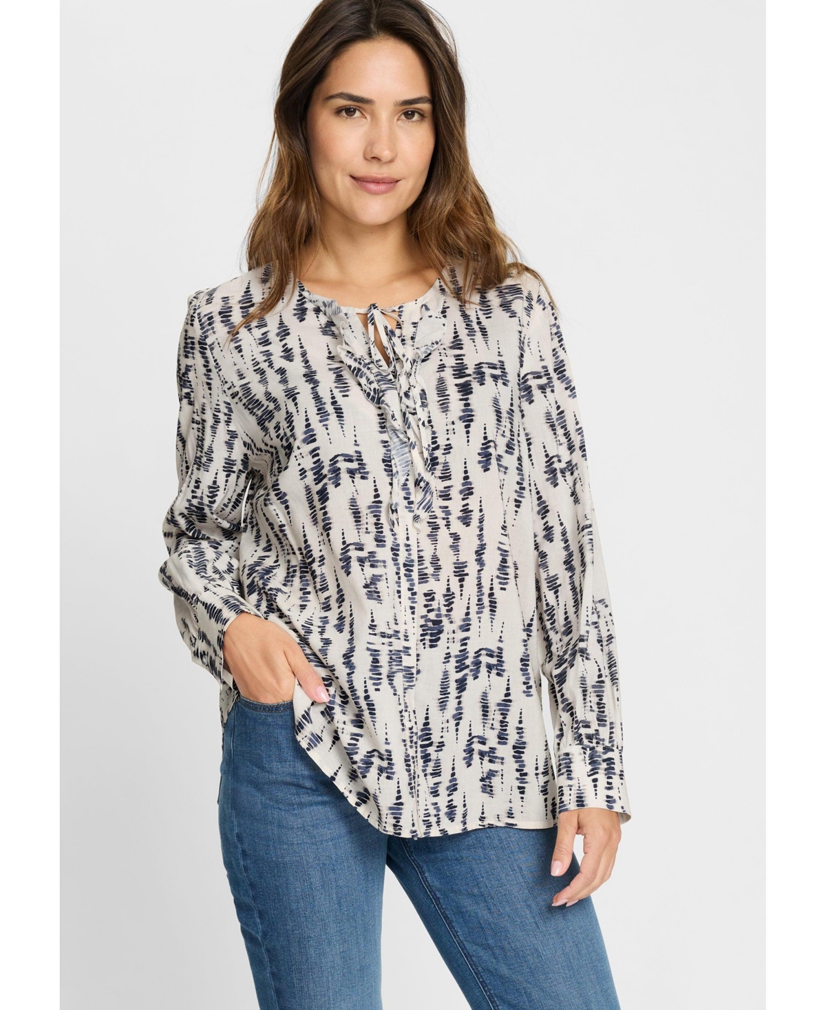 Click here for Olsen Womens Ruffle Front Printed Blouse - Off whi... prices